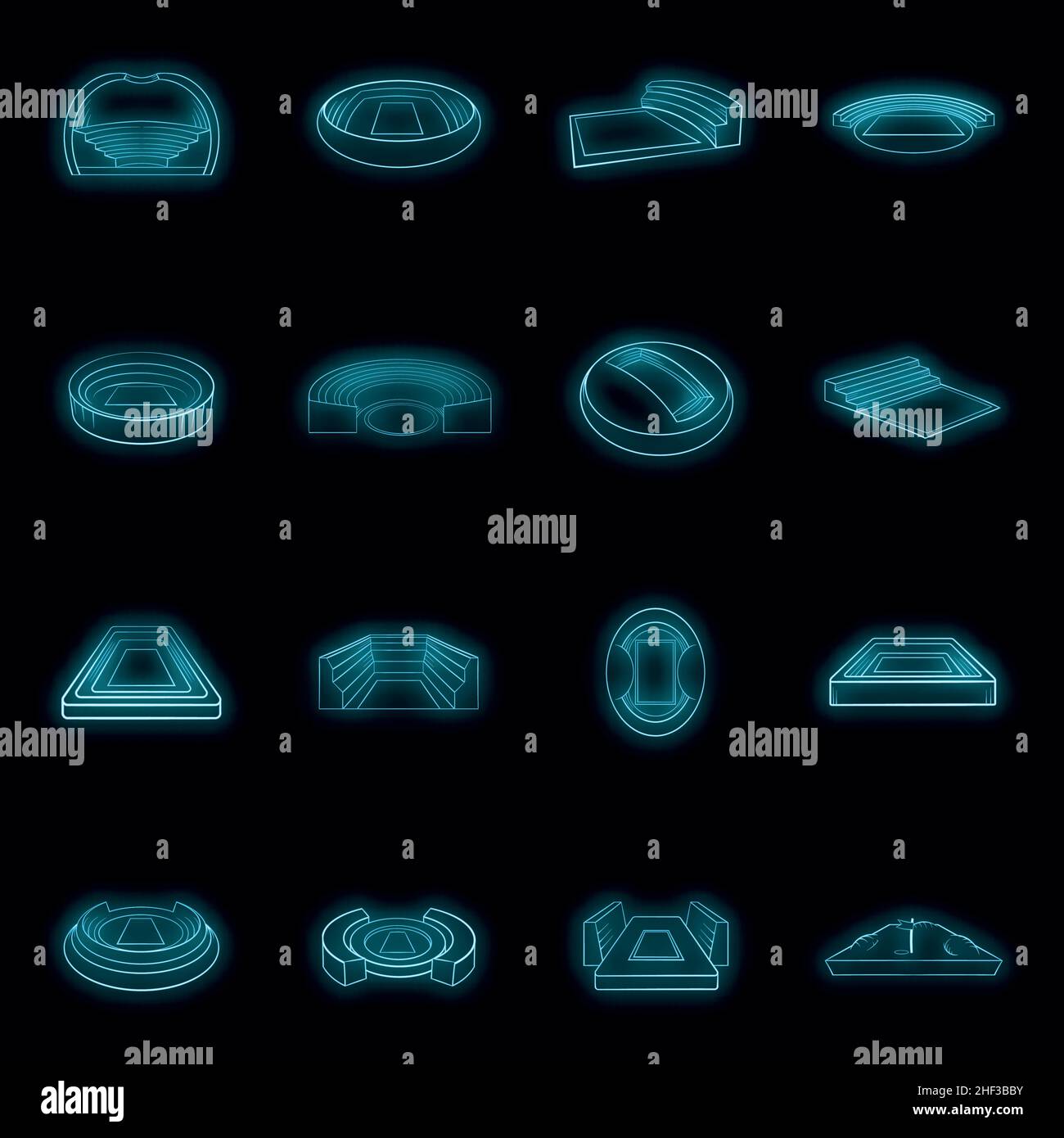 Stadium set icons in neon style isolated on a black background Stock ...