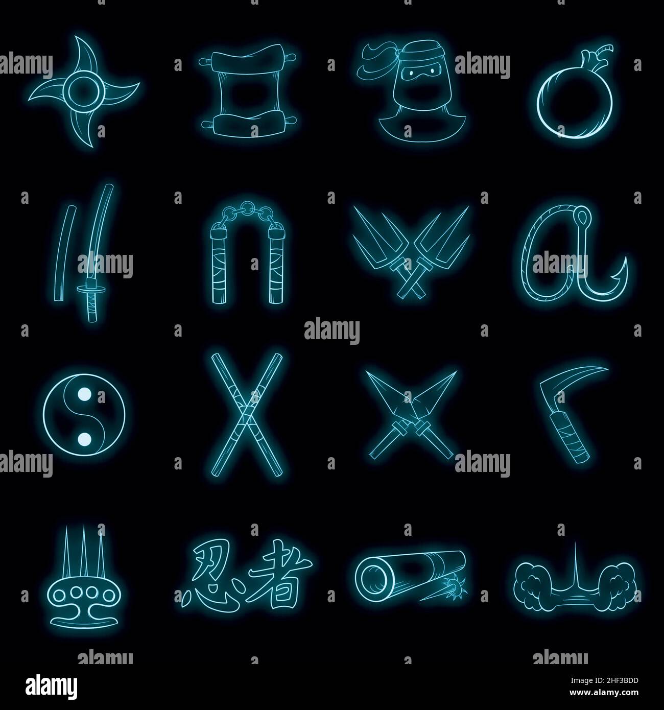 Ninja set icons in neon style isolated on a black background Stock ...