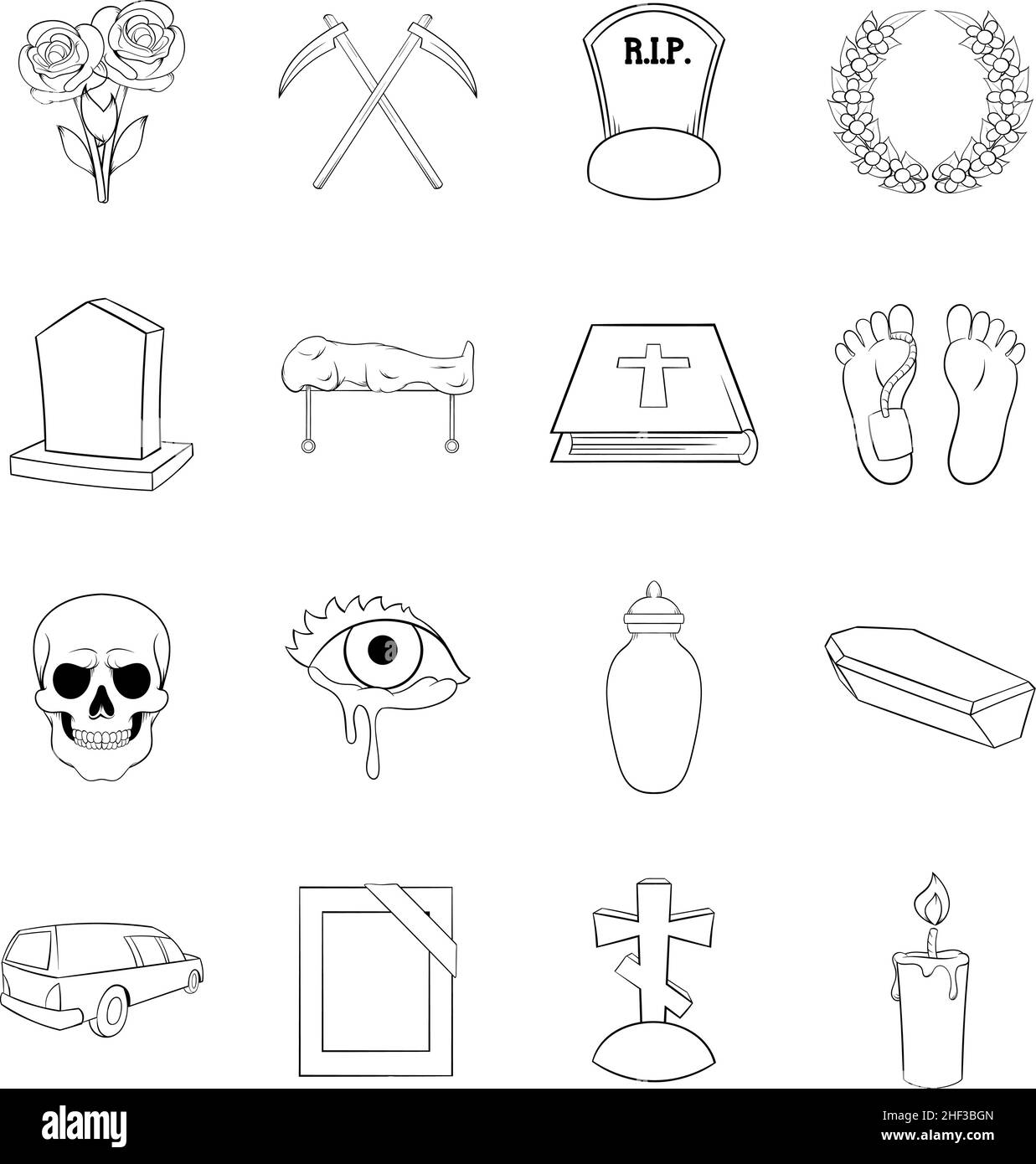 Funeral Icons set in outline style isolated on white background Stock ...