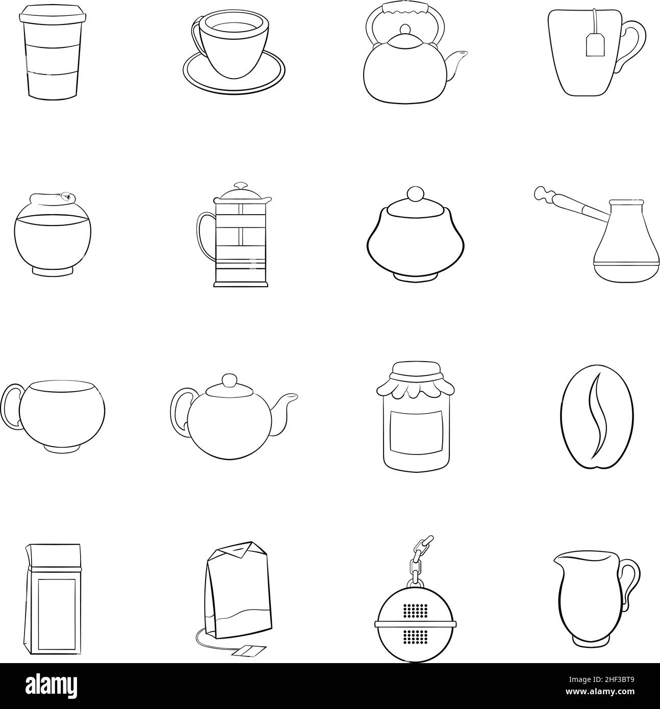 Tea and coffee set in outline style isolated on white background Stock ...