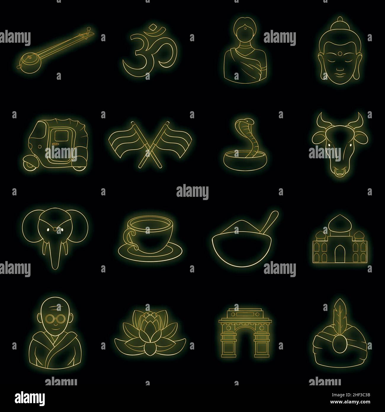India set icons in neon style isolated on a black background Stock ...
