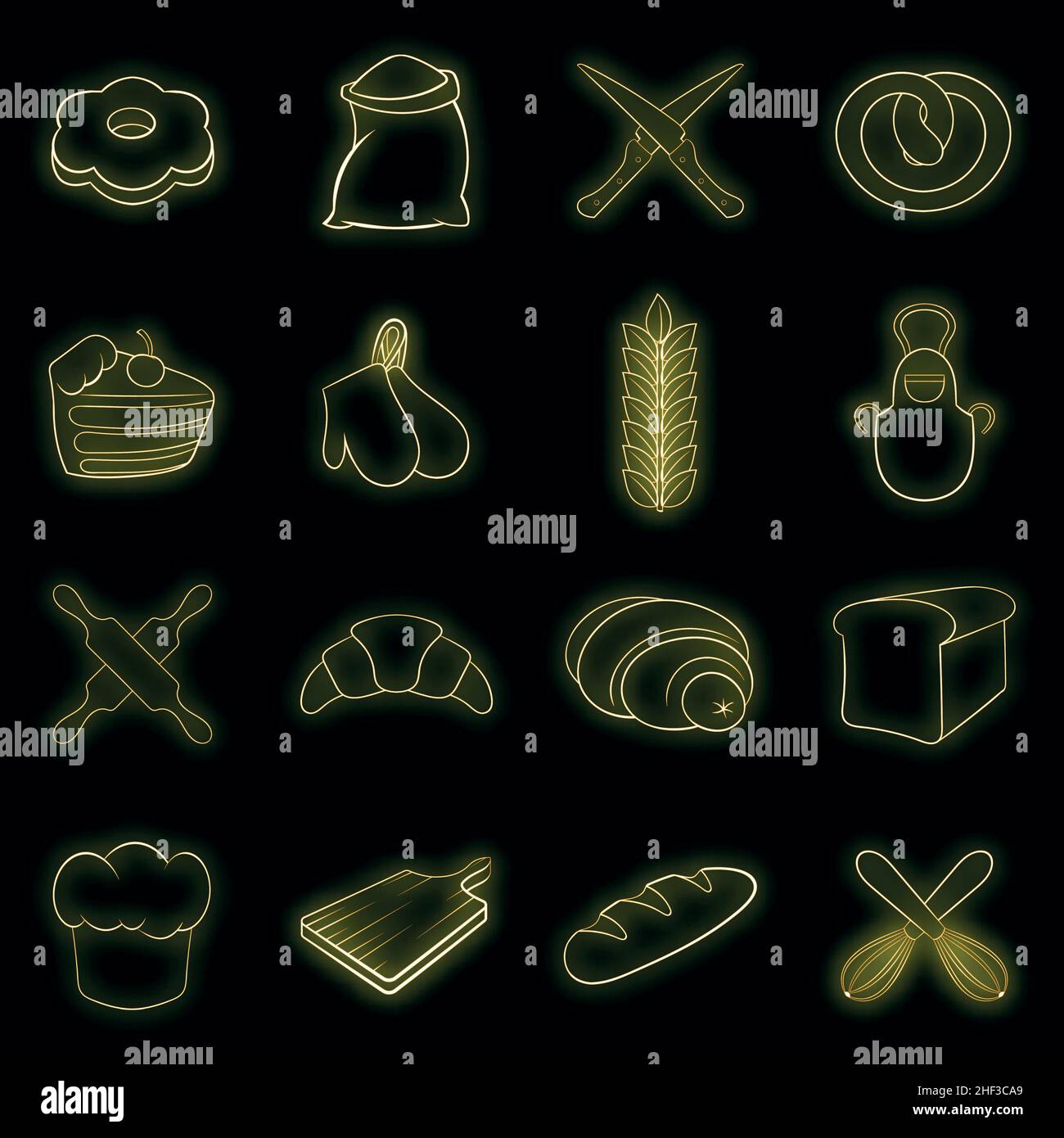 Bakery icons in neon style. Bread set collection isolated vector ...