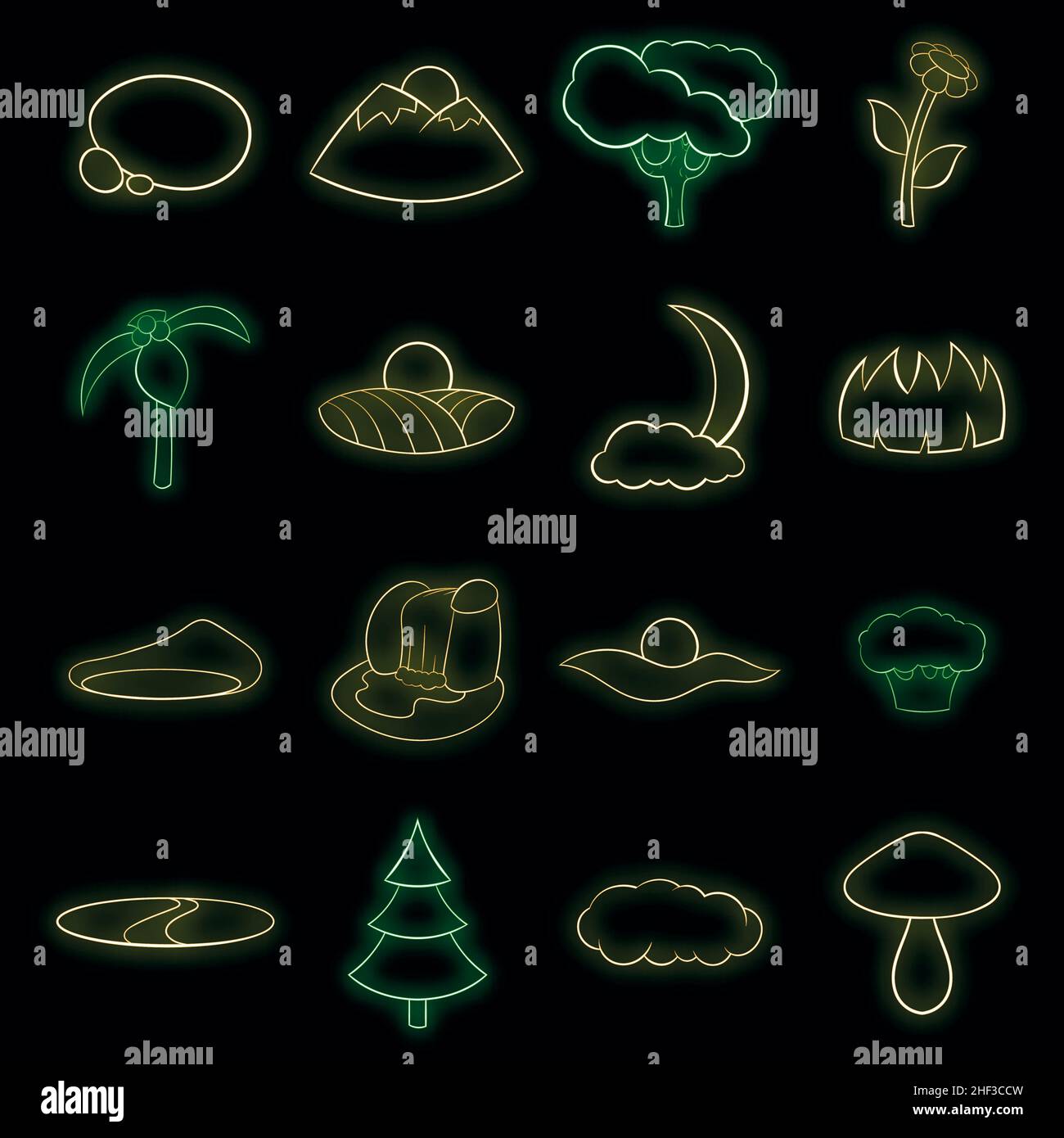 Landscape icons in neon style. Nature set collection isolated vector ...