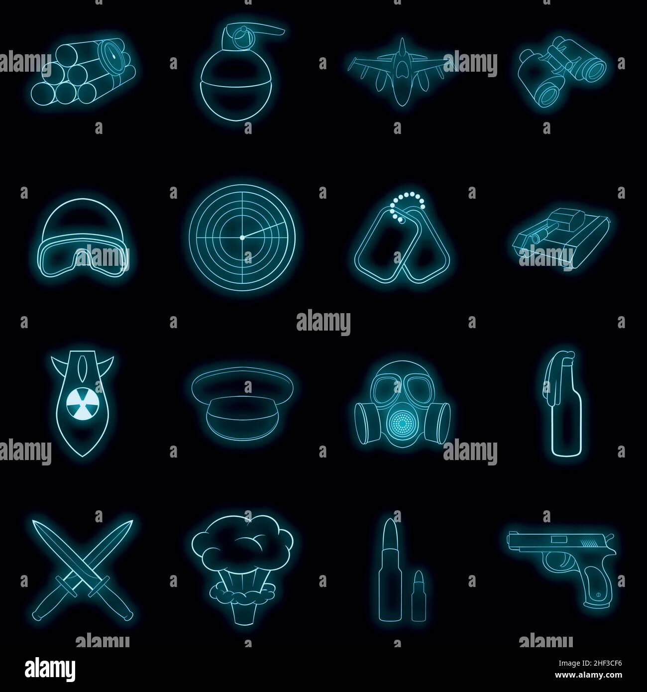 War icons in neon style. Gun set collection isolated vector ...