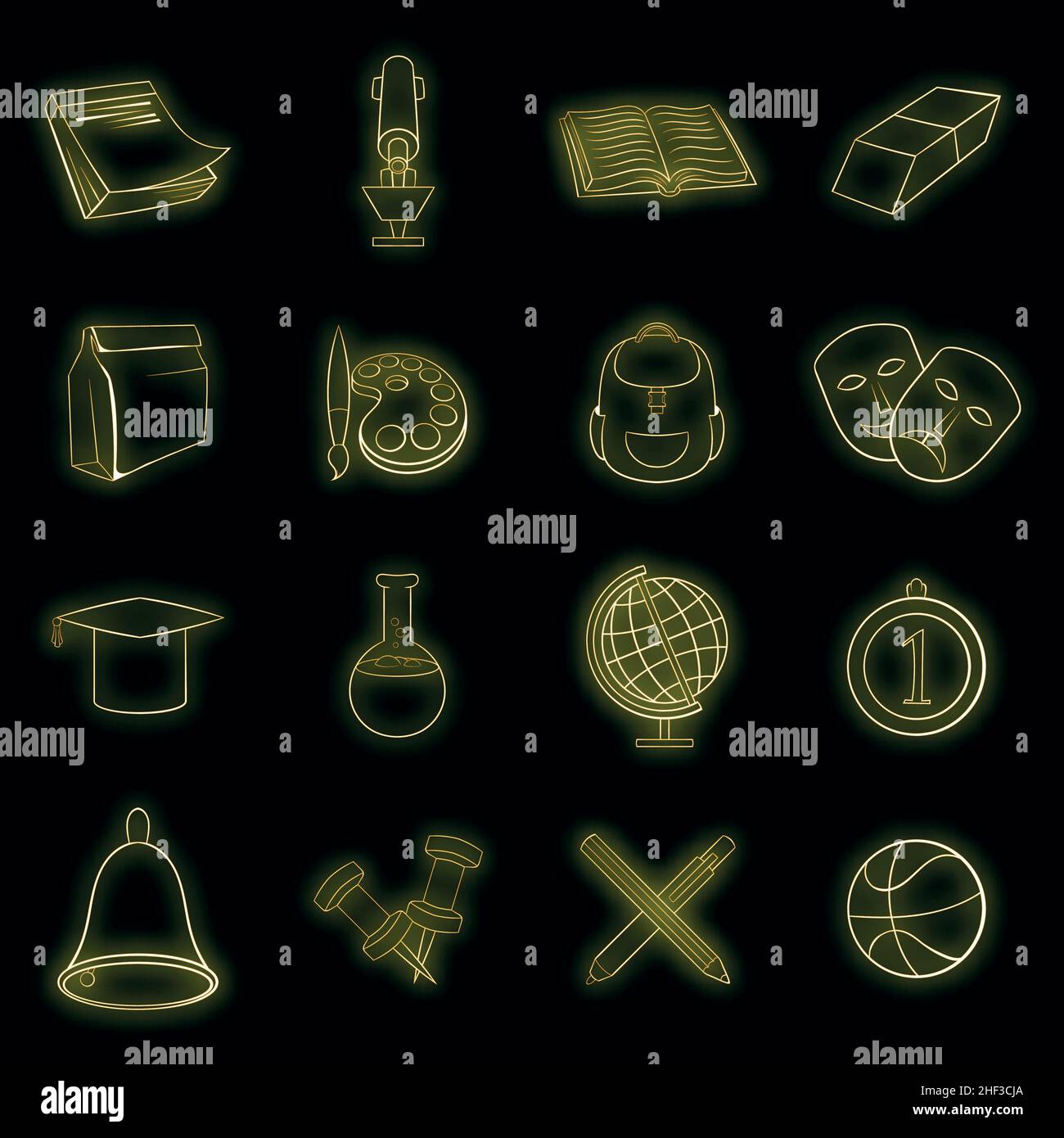 School icons set in neon style. Education set collection cartoon style ...