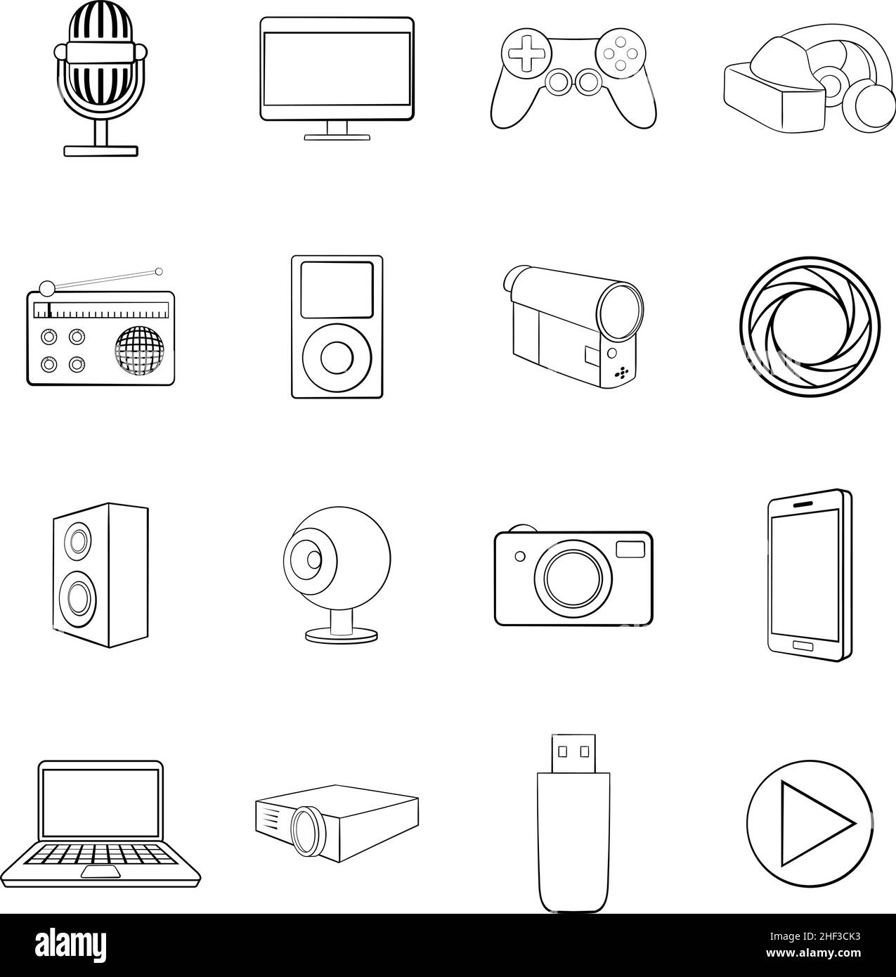 Multimedia set icons in outline style isolated on white background ...