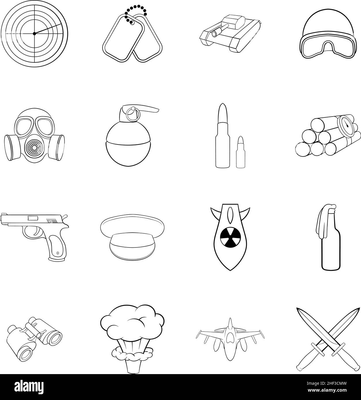 War set icons in outline style isolated on white background Stock ...
