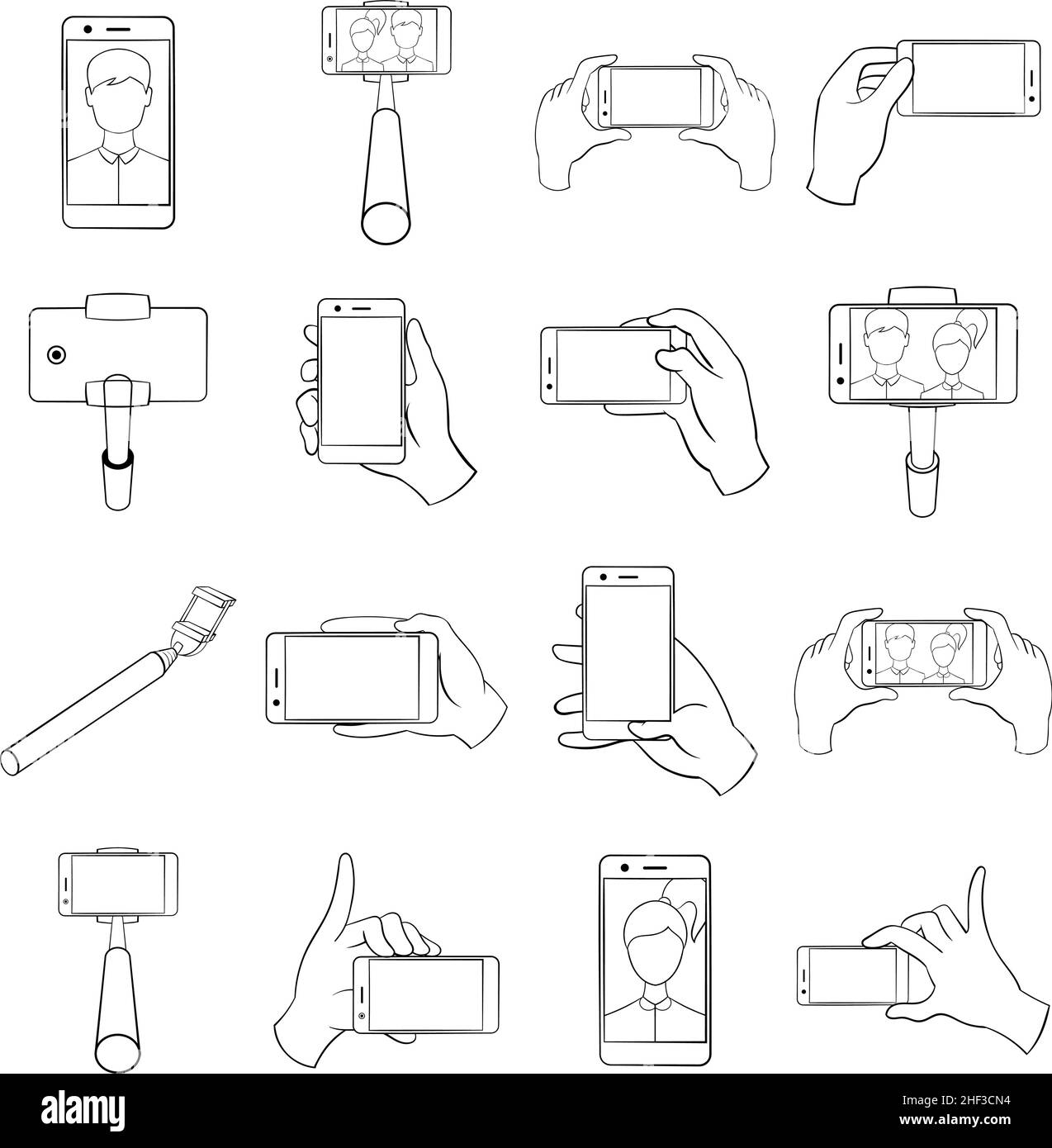 Selfie set icons in outline style isolated on white background Stock ...