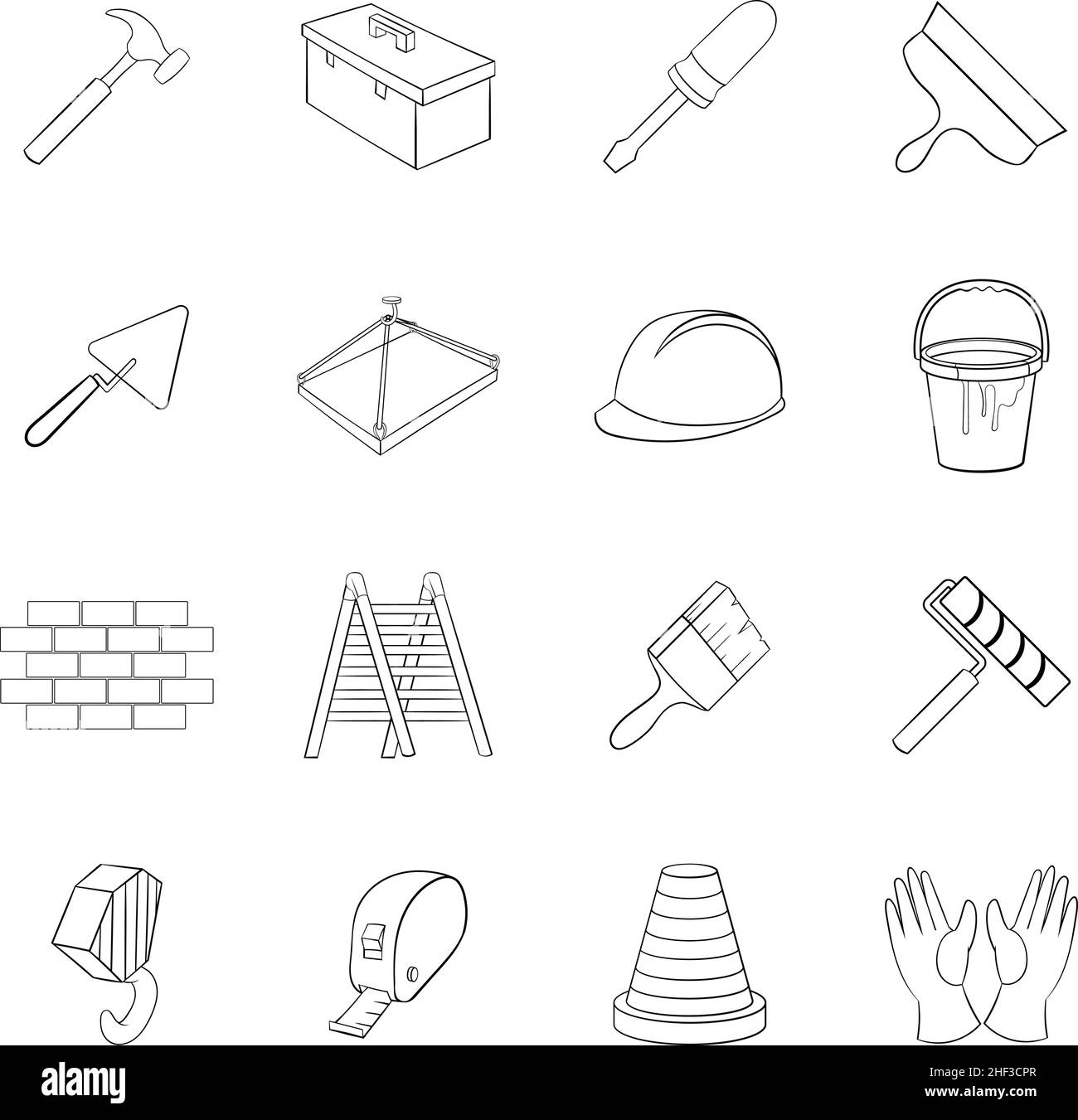 Working tools set icons in outline style isolated on white background ...