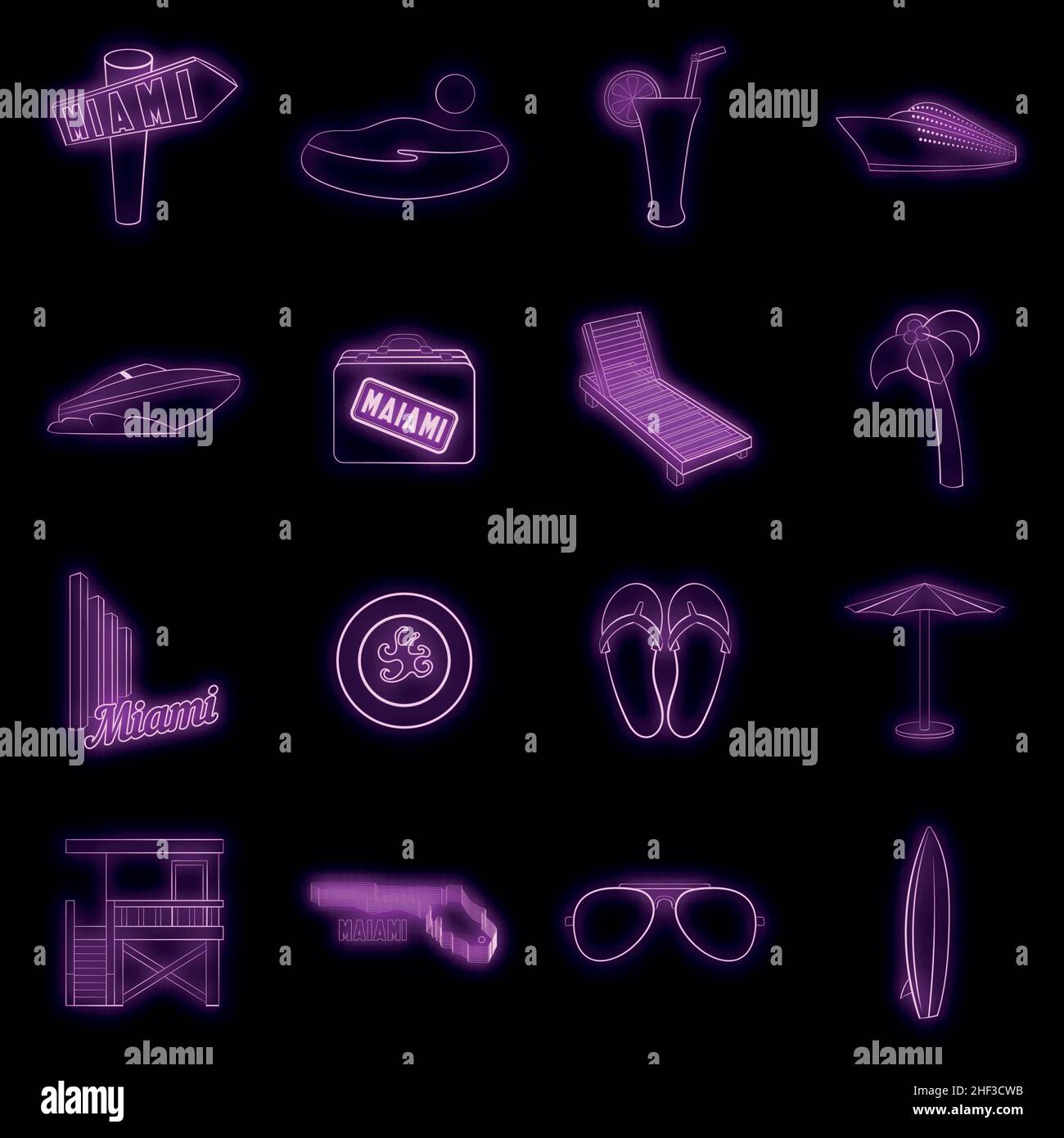Miami icons set in neon style. Miami Beach, Florida set collection ...