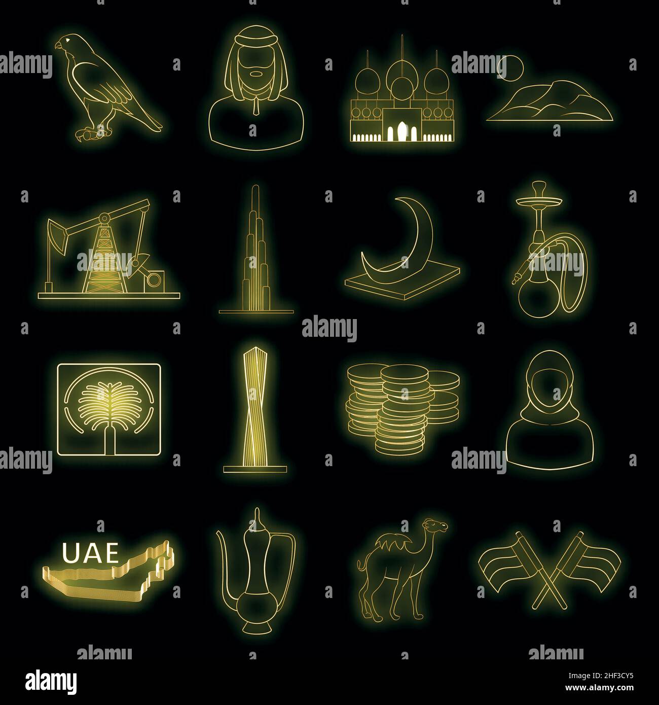 UAE icons set in neon style. United Arab Emirates elements set ...