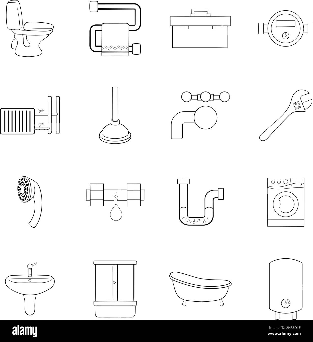 Bathroom set icons in outline style isolated on white background Stock ...