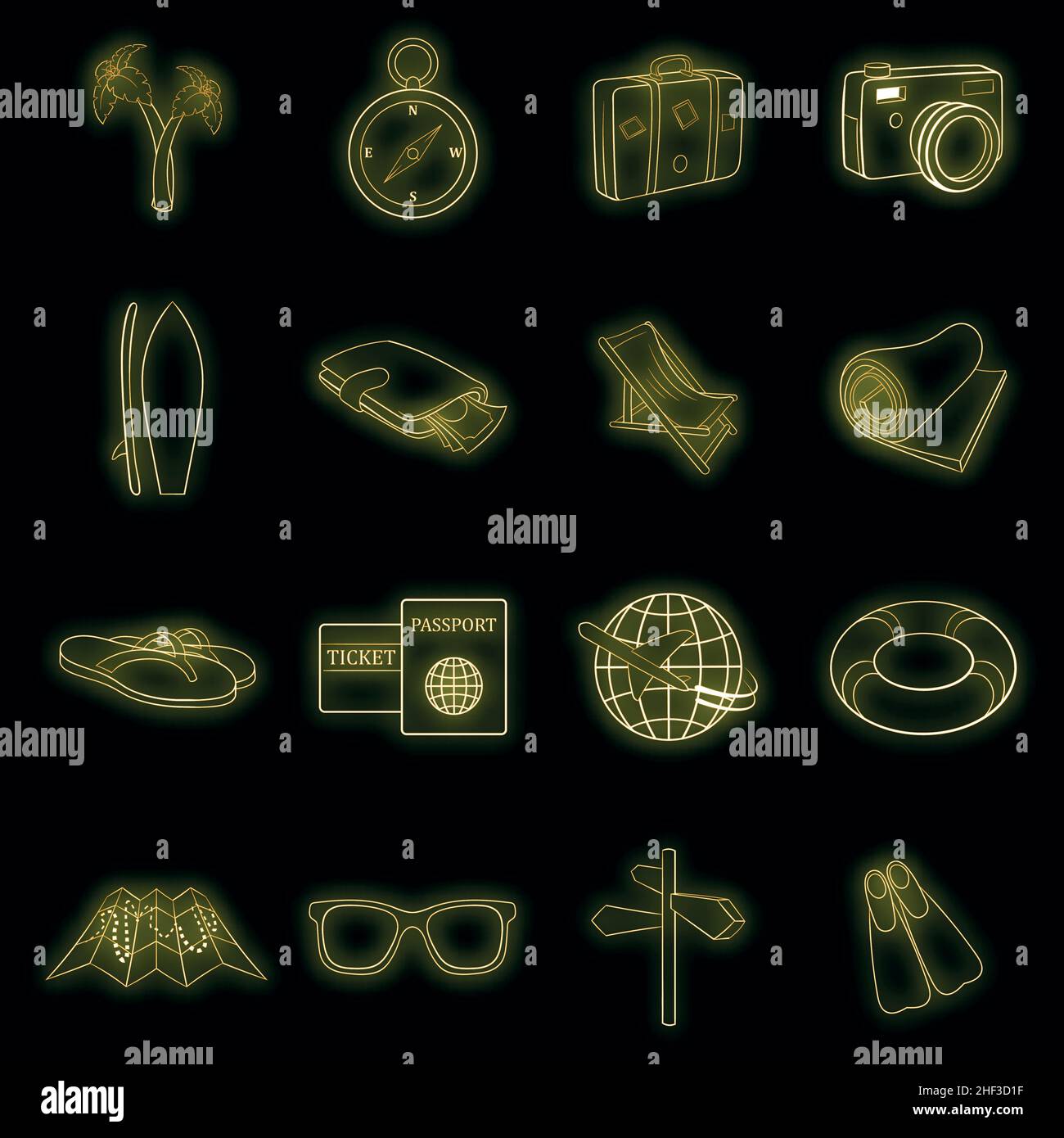 Travel icons set in neon style. Tourism elements set collection vector ...