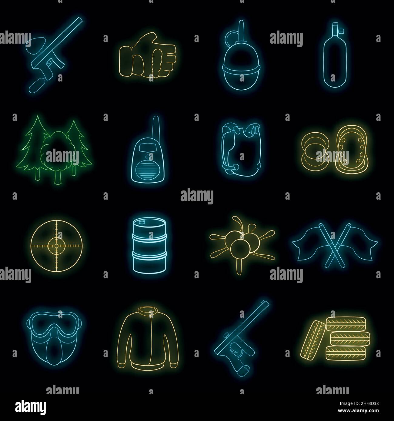 Paintball icons set in neon style. Gun game set isolated vector ...