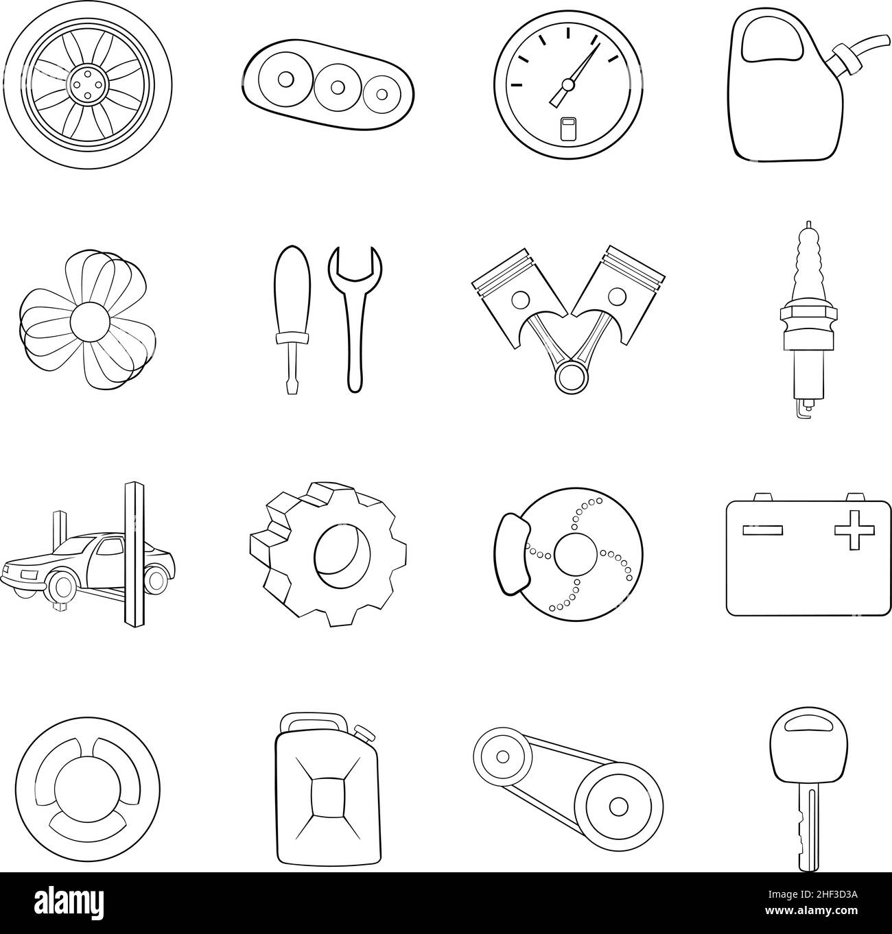 Auto spare parts set icons in outline style isolated on white ...