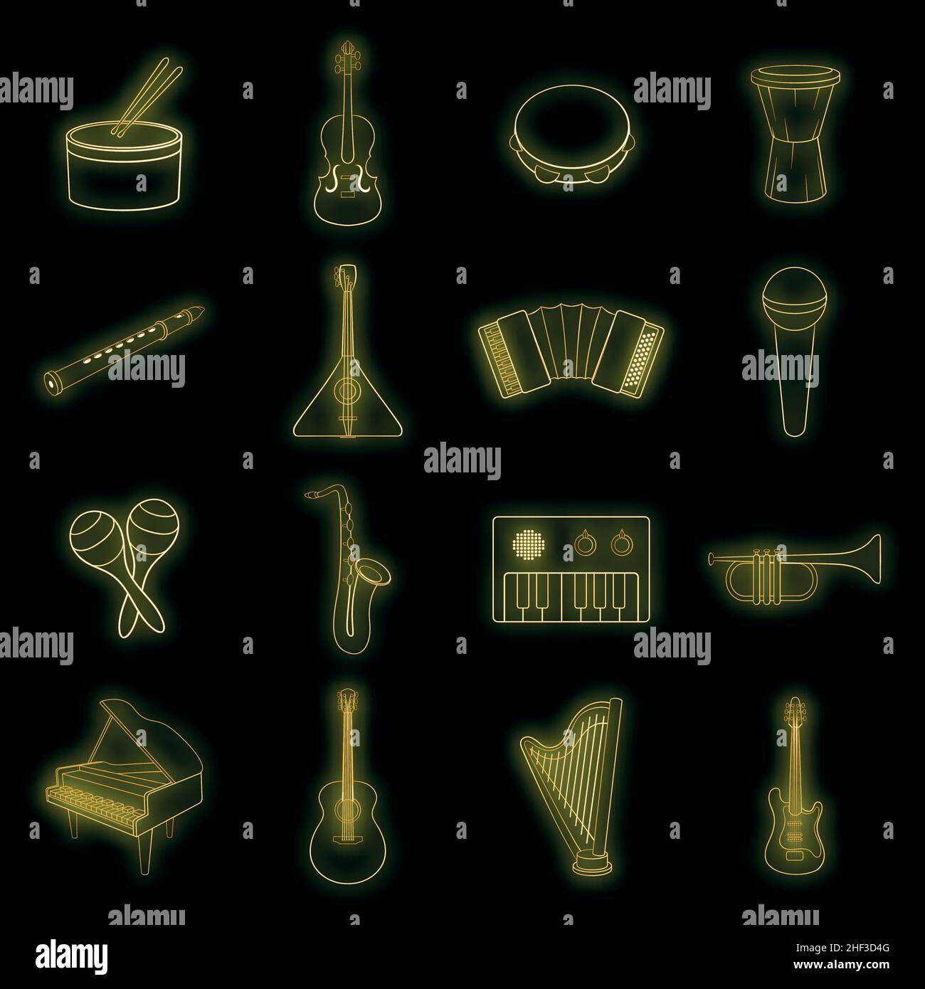 Musical instruments icons set in neon style. Musical equipment set ...