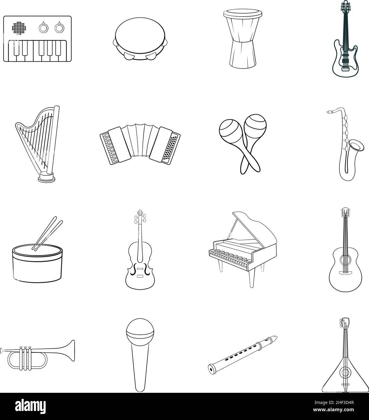 Musical instruments set icons in outline style isolated on white ...