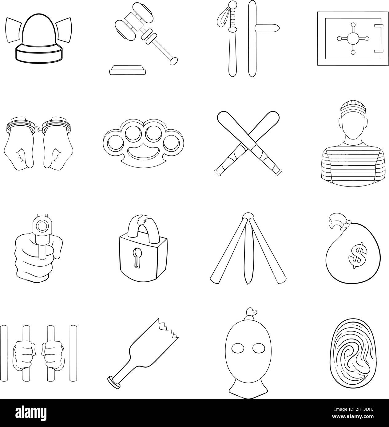Cartoon crime set icons in outline style isolated on white background ...