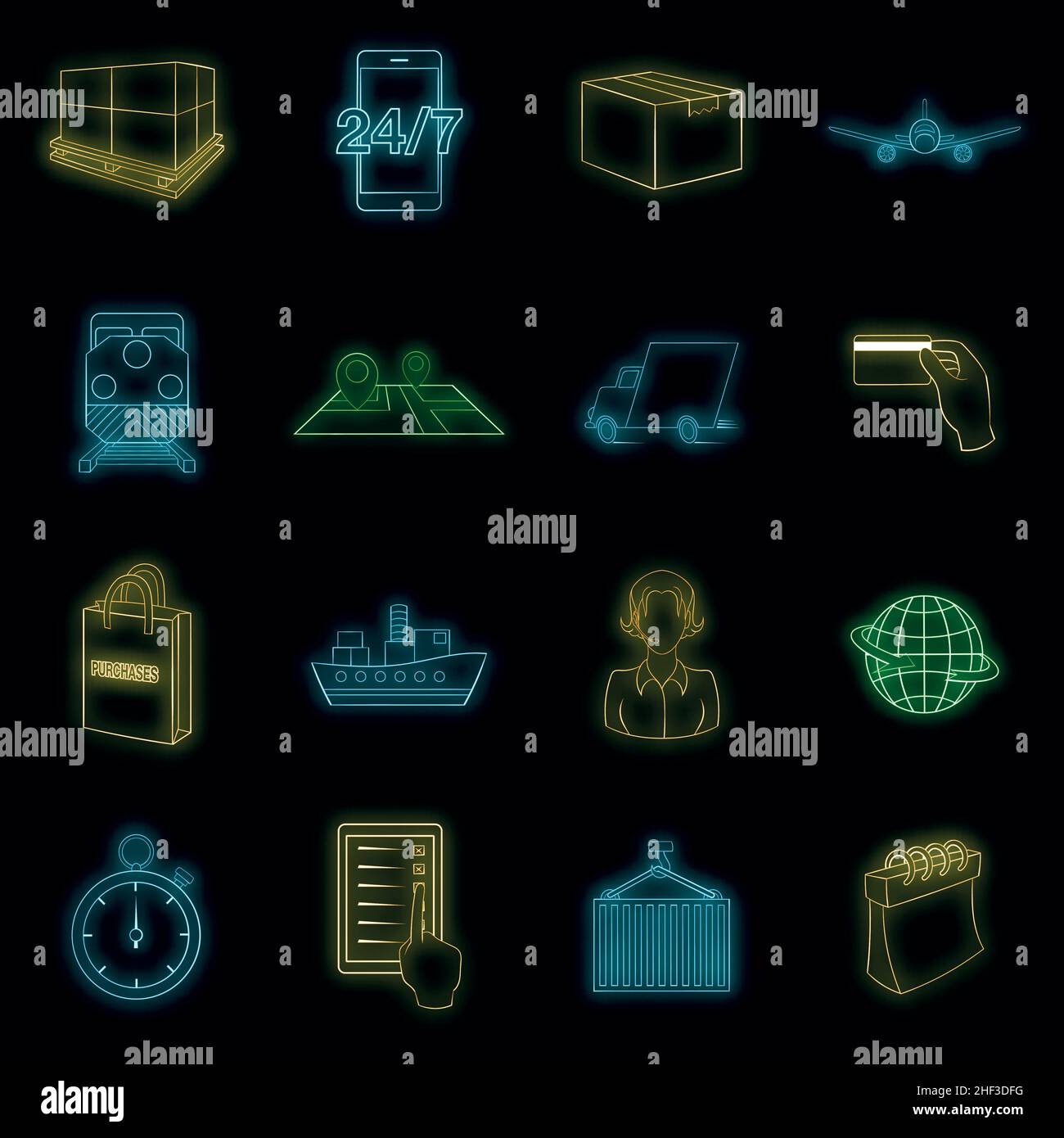 Logistics icons set in neon style. Transportation set isolated vector ...