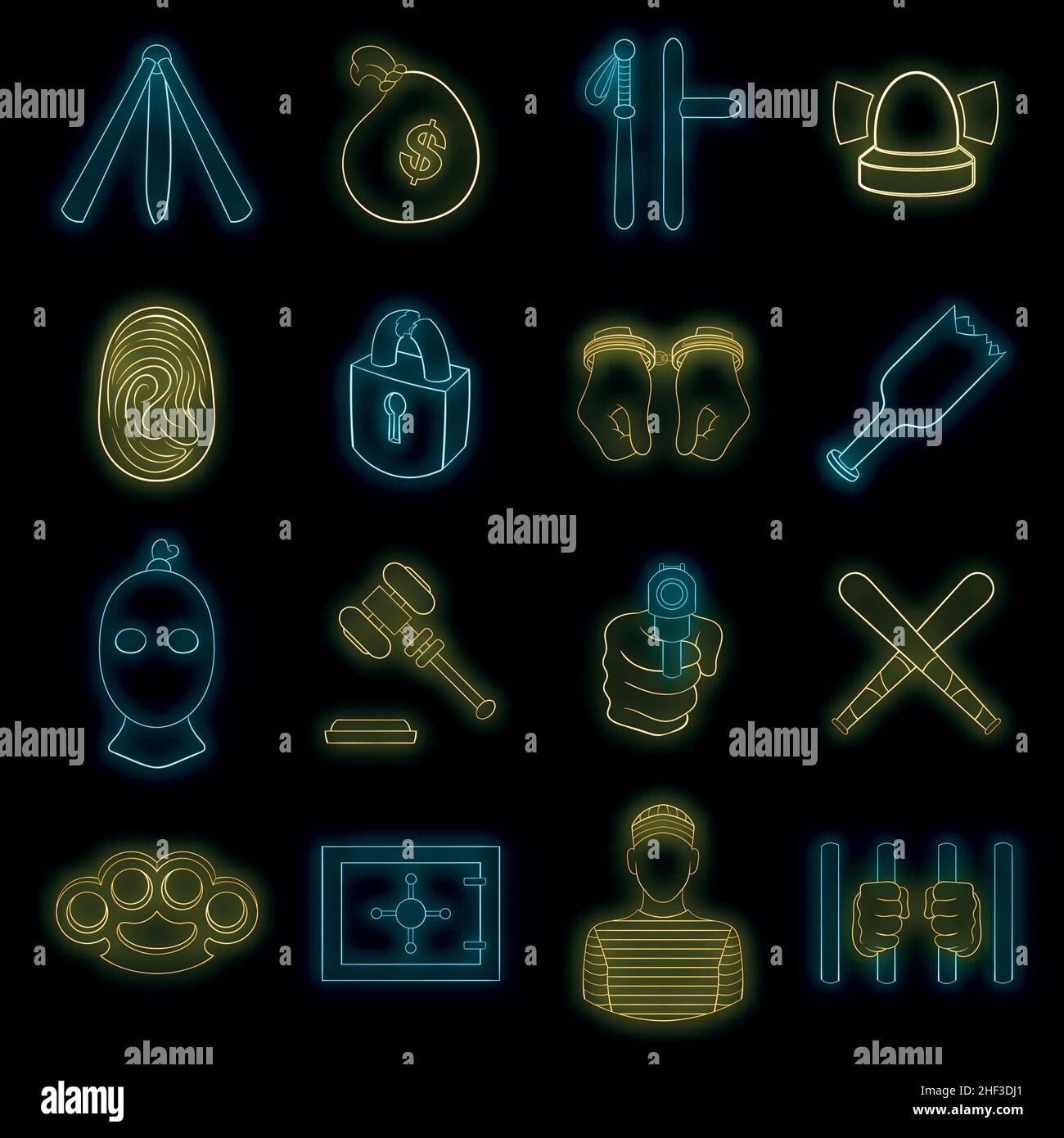 Cartoon crime icons set. Universal crime icons to use neon color on ...