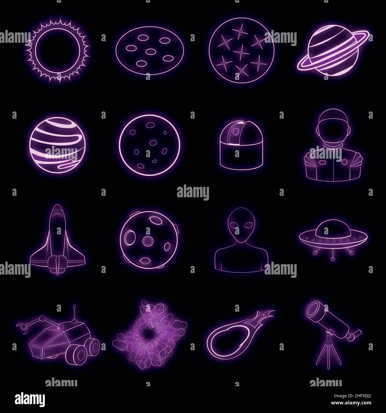 Space Icons Set In Neon Style Astronomy Set Isolated Vector
