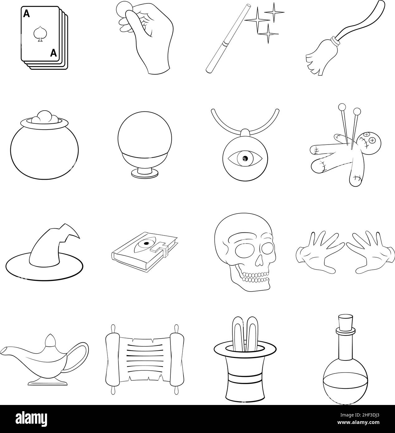 Cartoon magic set icons in outline style isolated on white background ...