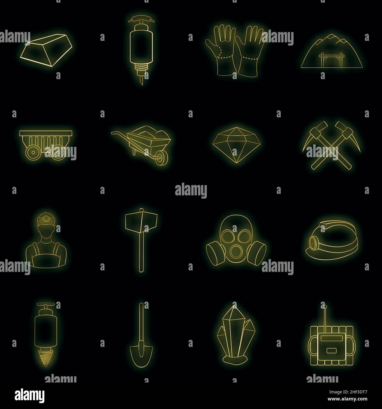 Mining icons set in neon style. Quarrying industry set collection ...