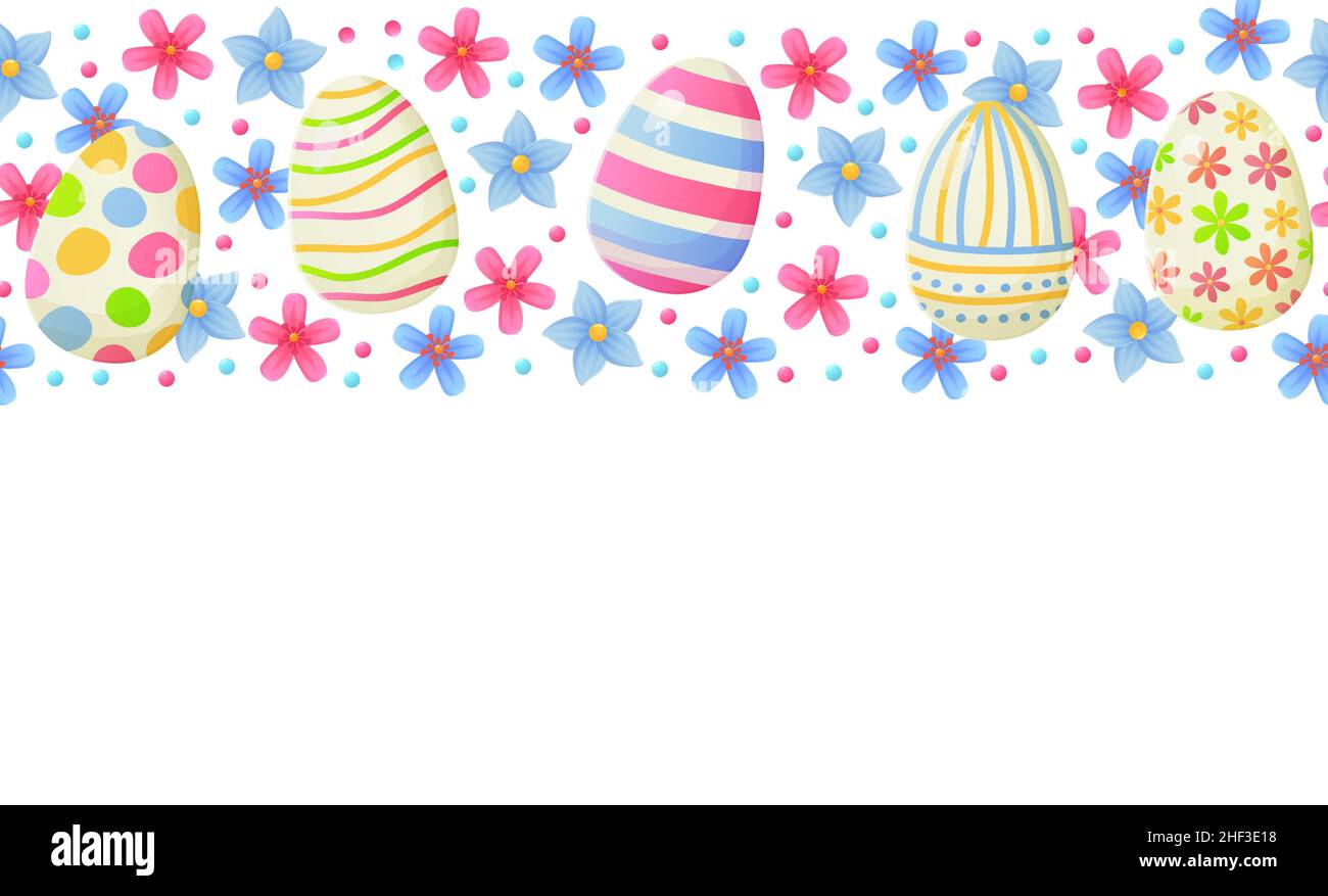 Easter border with eggs, lives and flowers. Spring template. Stock ...