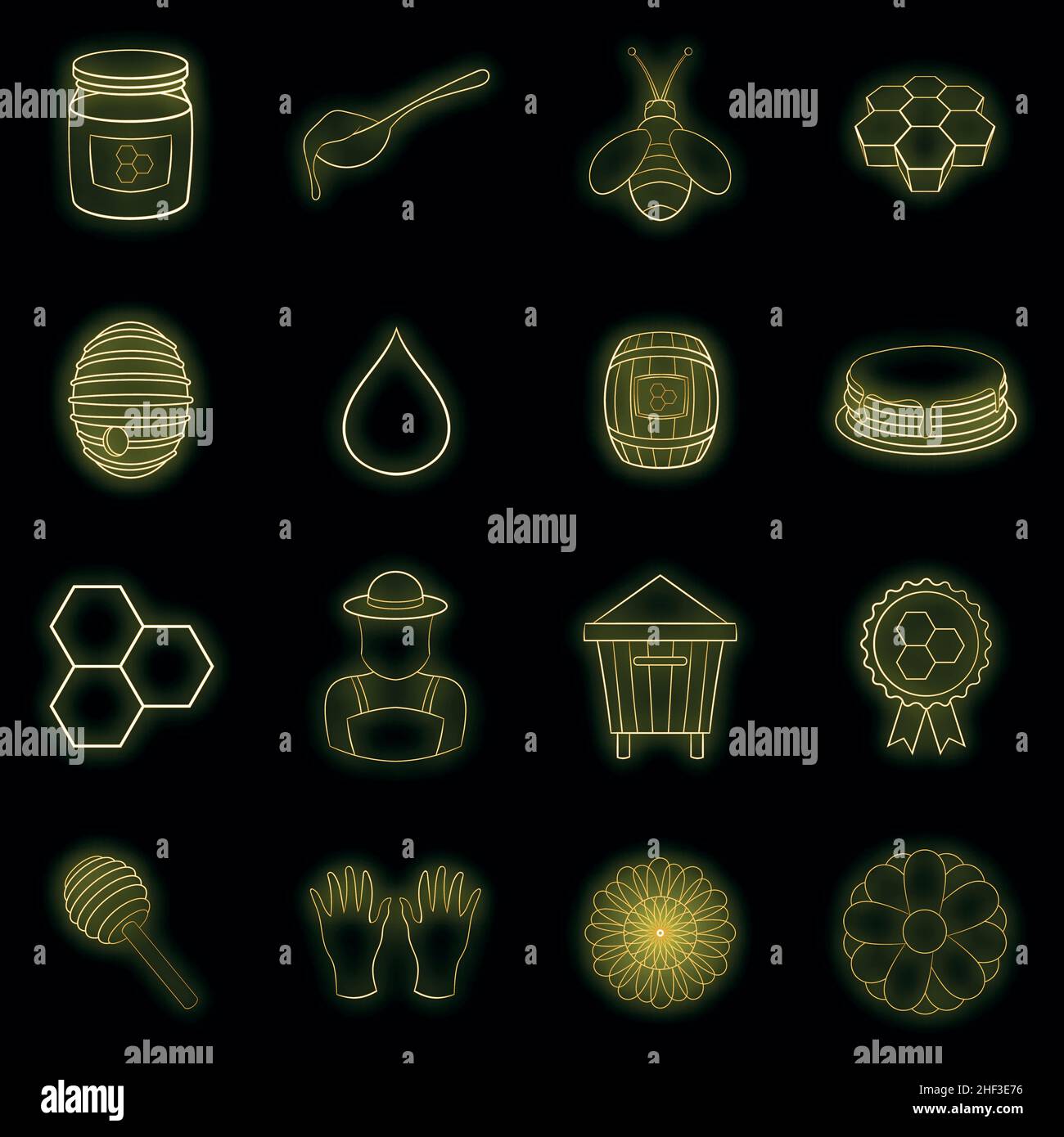 Apiary icons set in neon style. Honey and beekeeping set collection vector illustration Stock ...