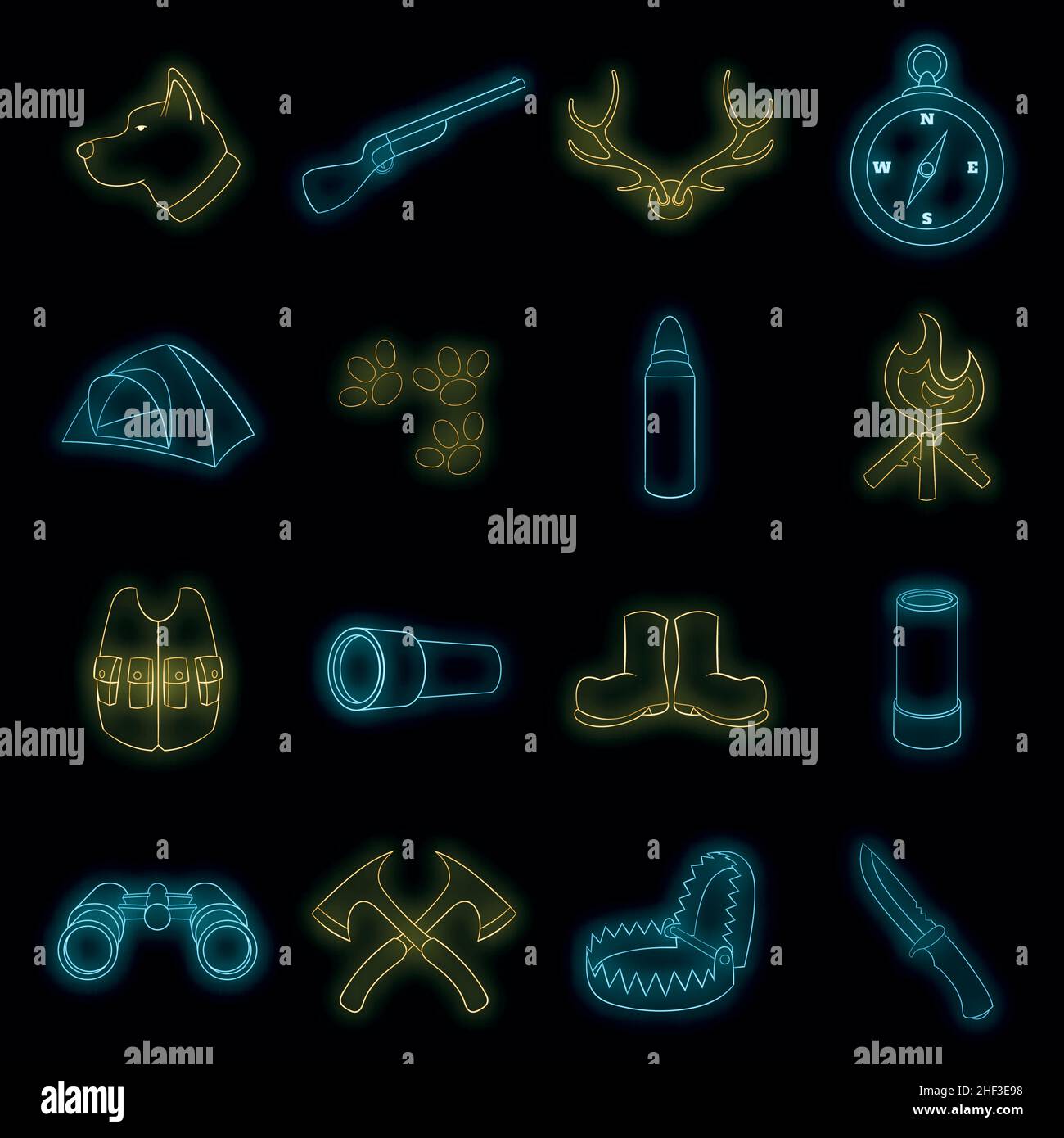 Hunting icons set in neon style. Hunters equipment set collection ...