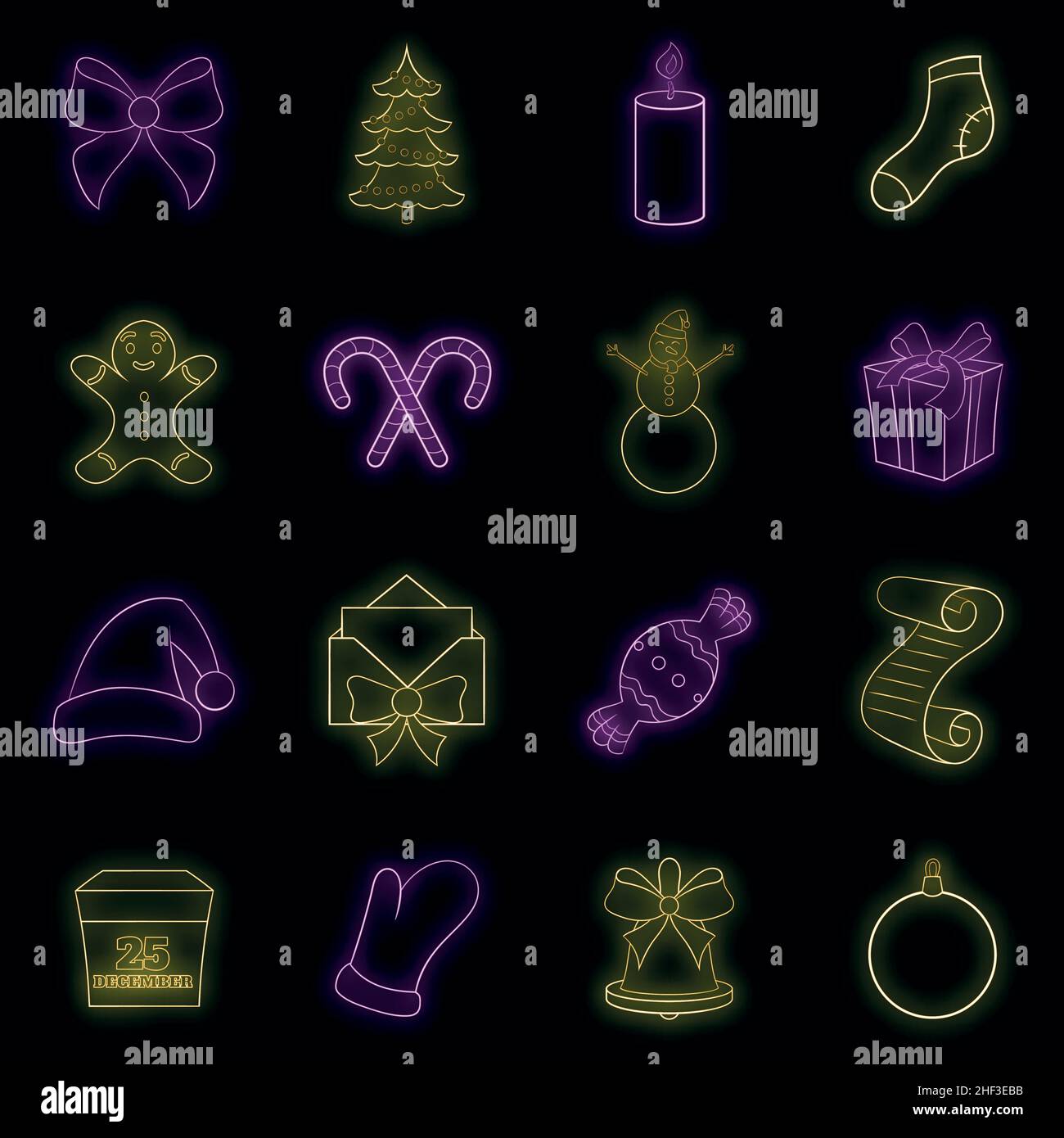 Christmas icons set in neon style. Holiday elements set collection ...