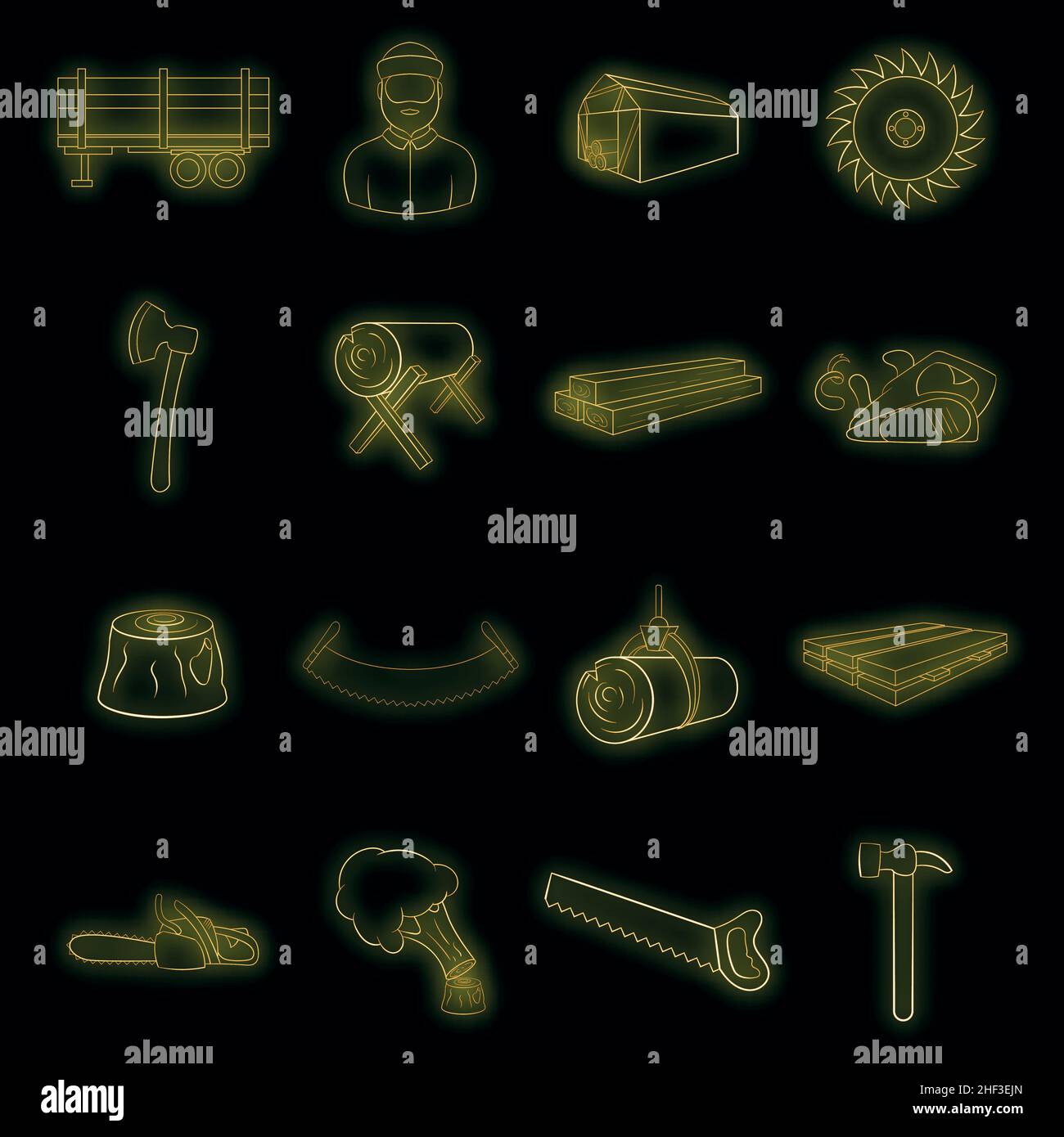 Timber industry icons set in neon style. Lumberjack equipment set ...