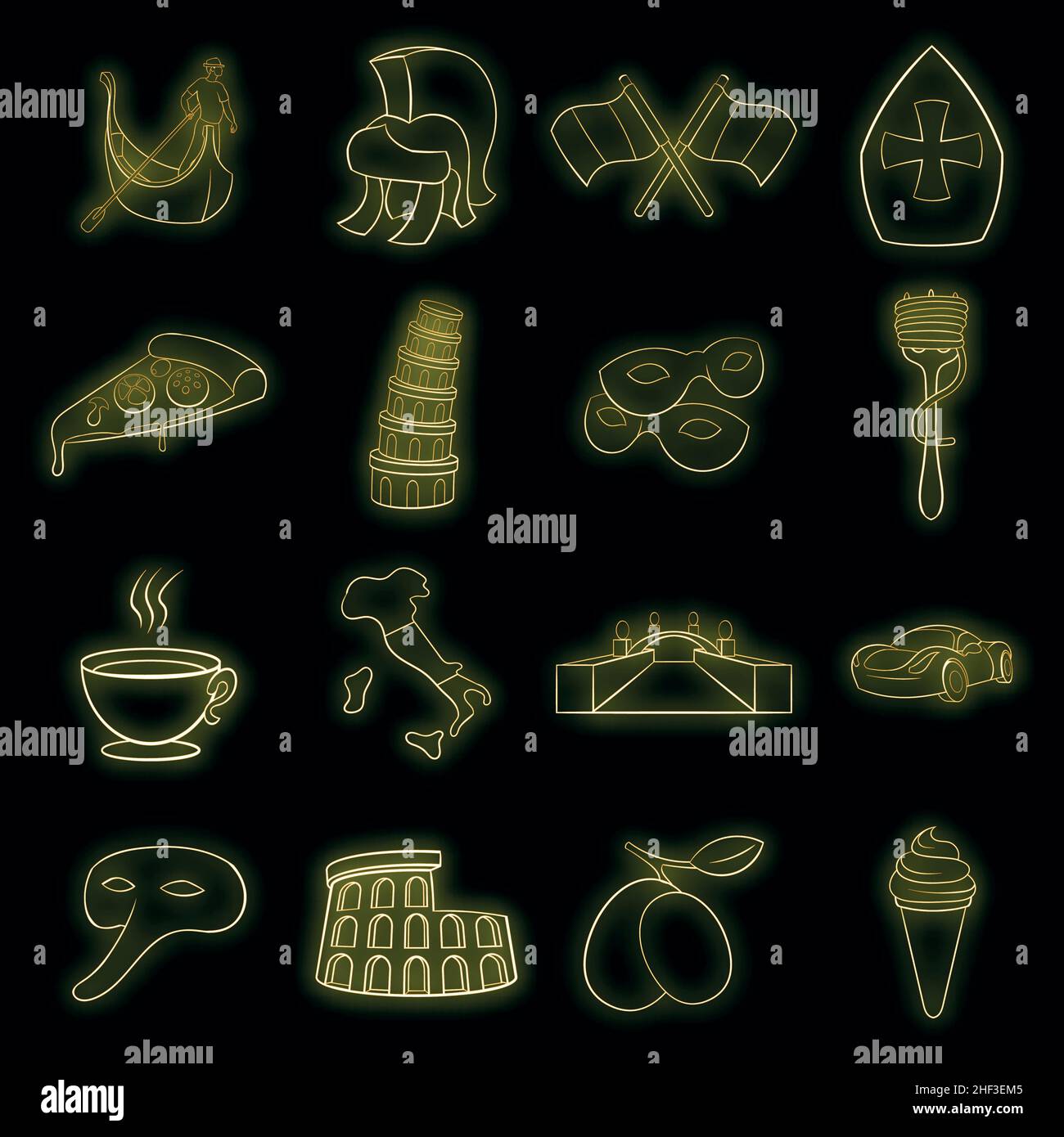 Italy icons set in neon style. Italy culture elements set collection ...