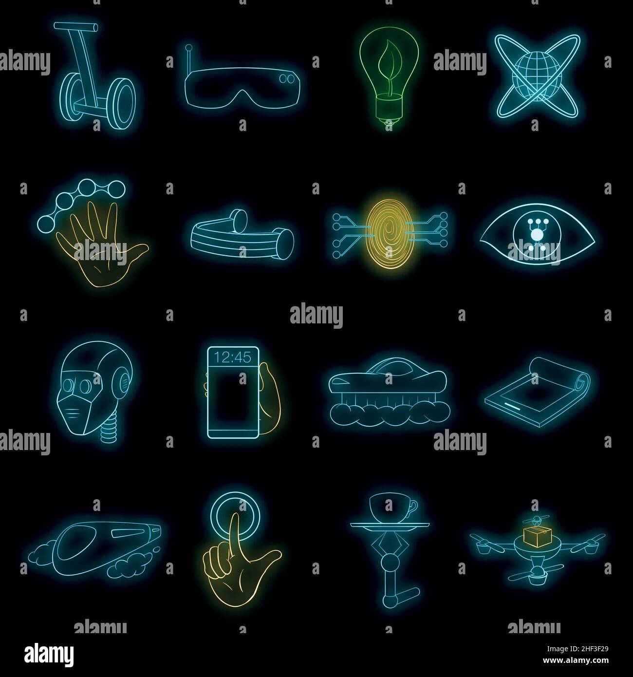 New technologies icons set in neon style. Innovative app and gadget set ...