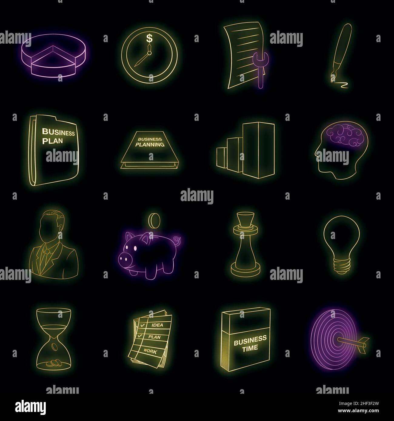 Business planning set in neon style. Business management set collection ...