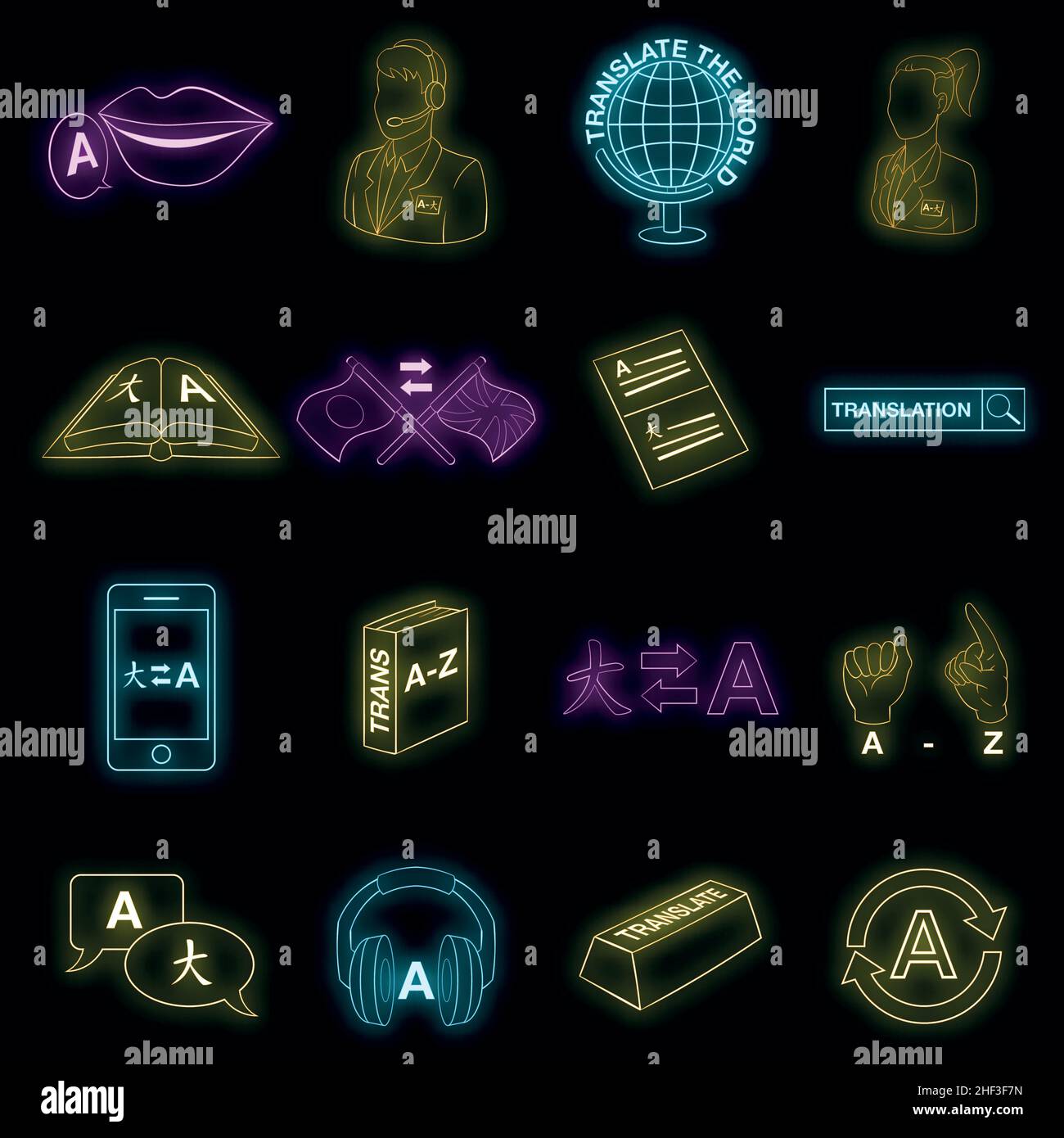 Translator icons set in neon style. Language interpreter set collection ...