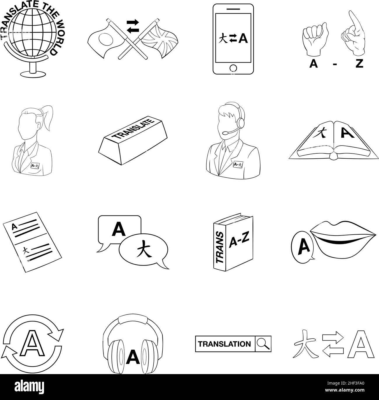 Translator set icons in outline style isolated on white background ...
