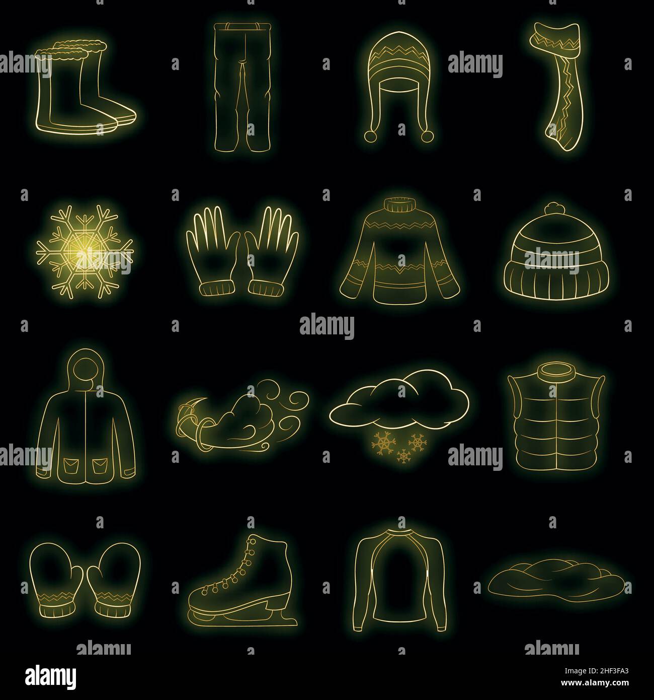 Winter clothes icons set in neon style. Clothes and accessories neon ...