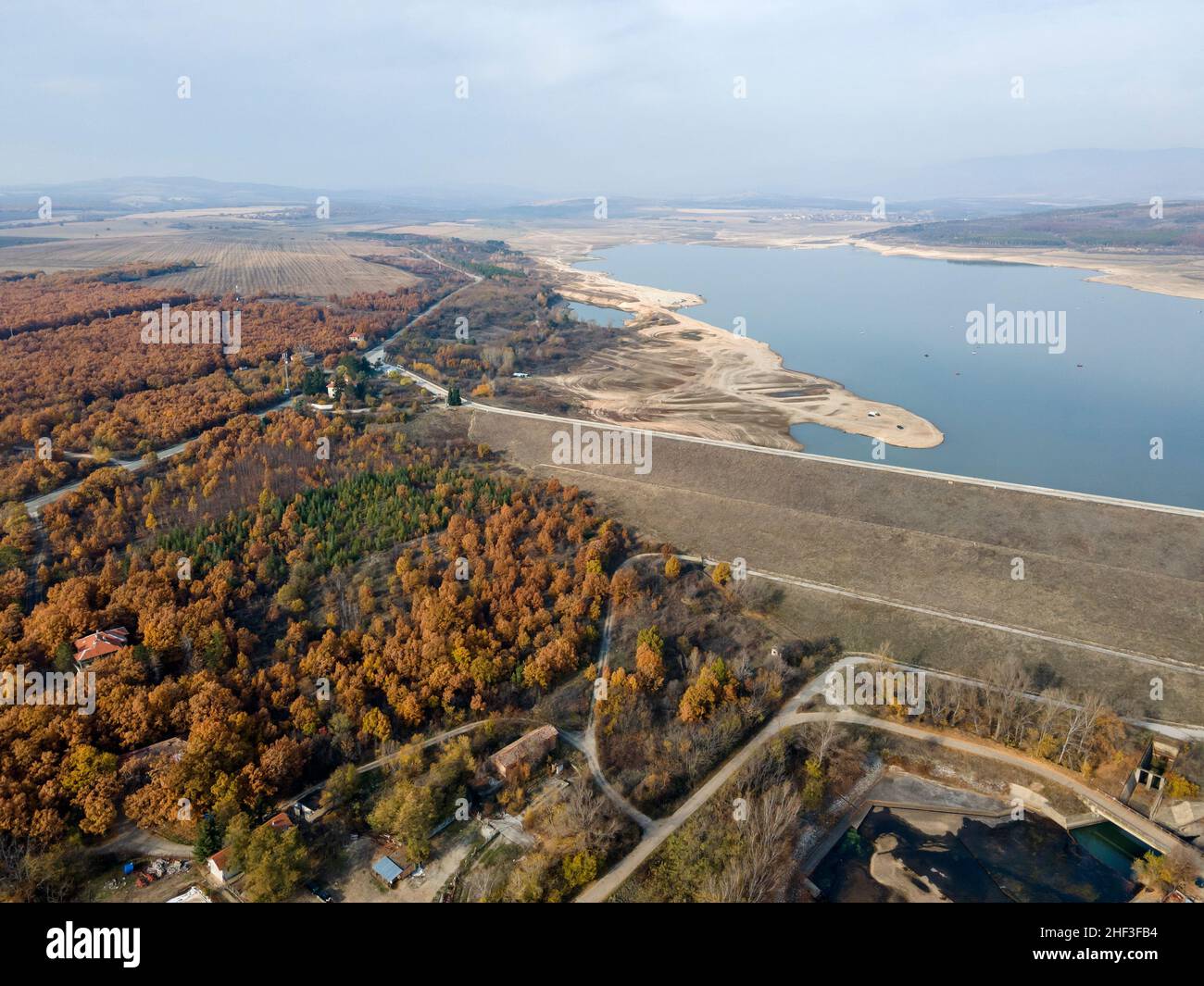 Aerial view of Pyasachnik (Sandstone) Reservoir, Sredna Gora Mountain ...