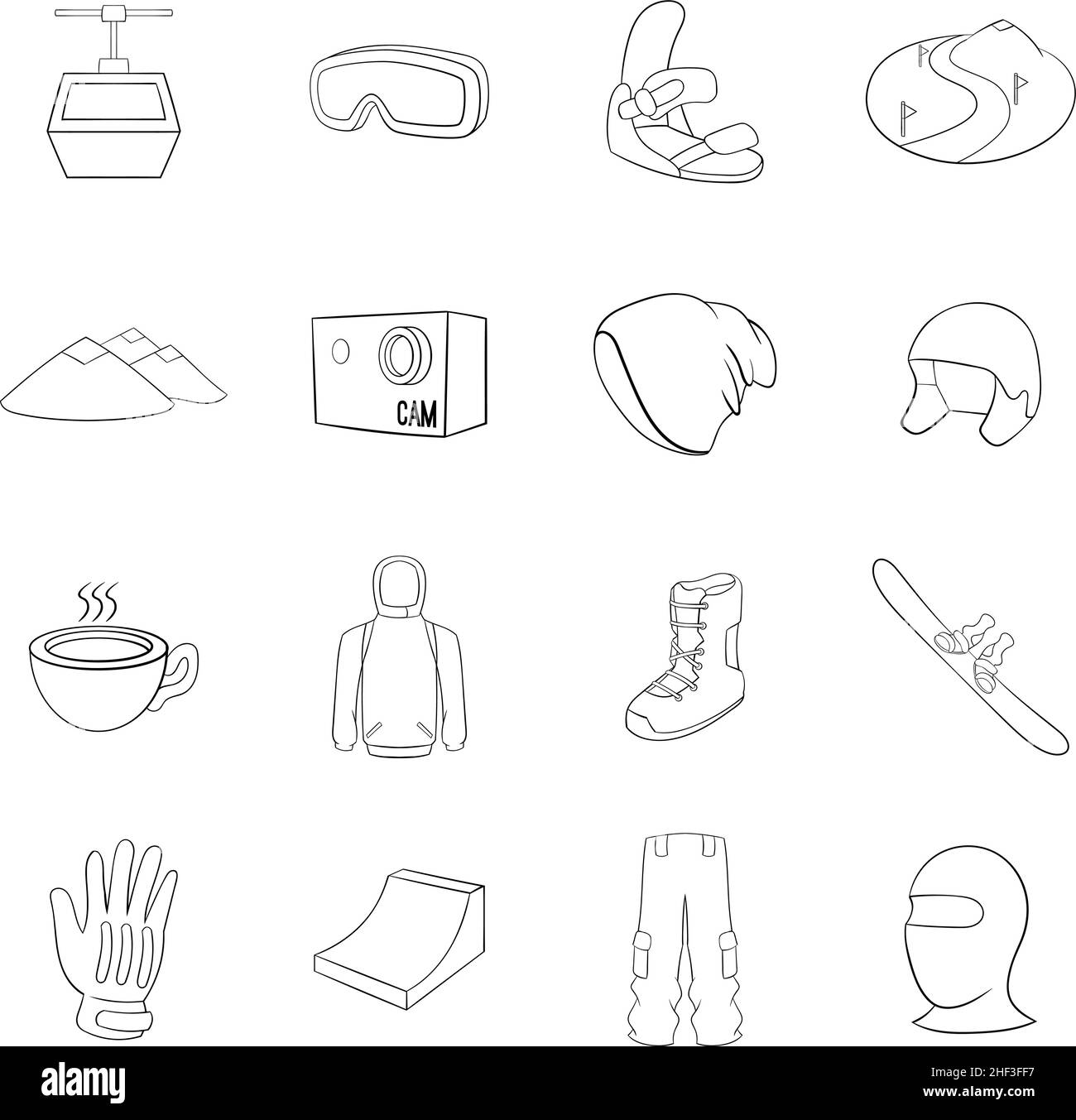 Snowboarding set icons in outline style isolated on white background ...