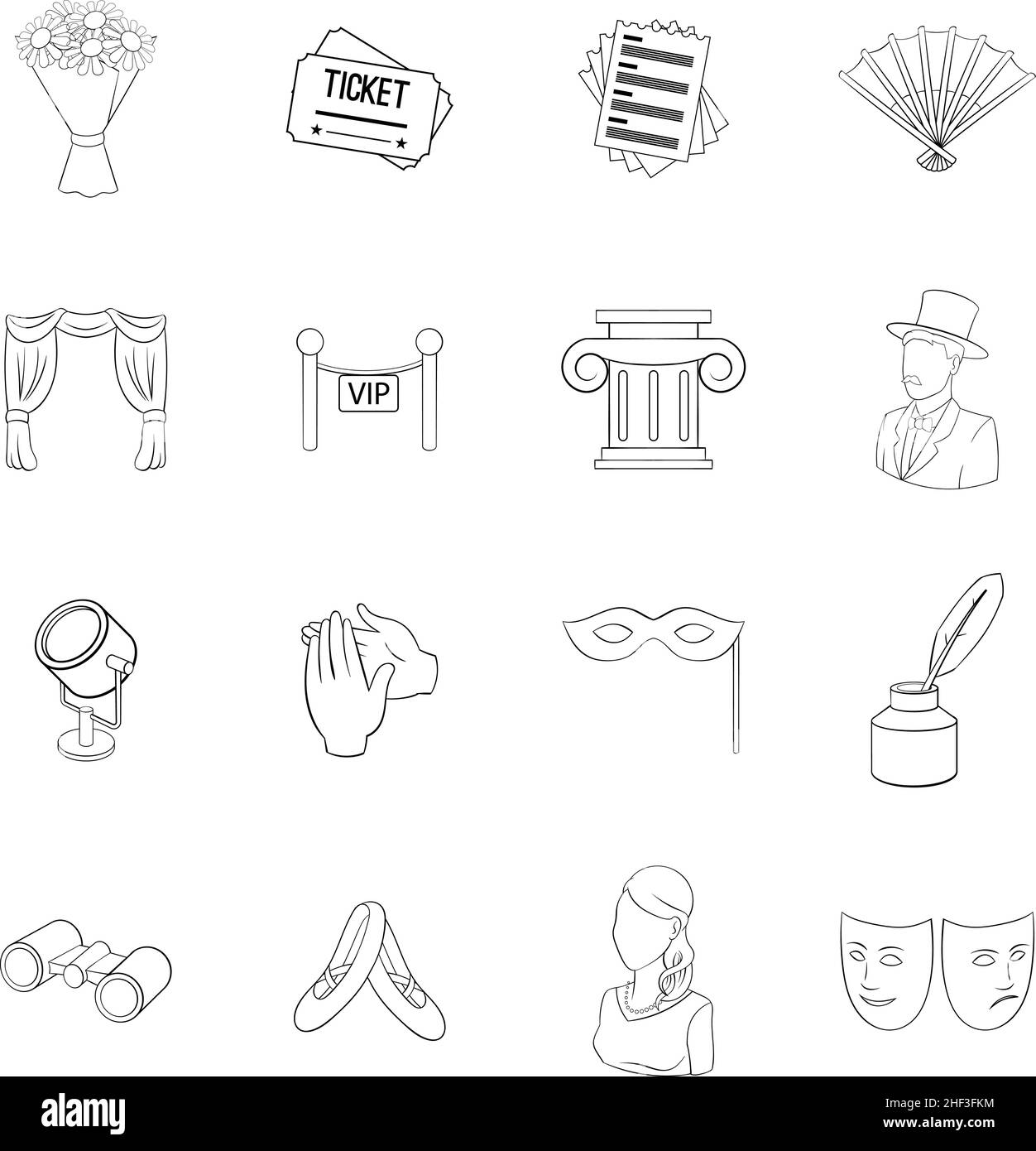 Theatre set icons in outline style isolated on white background Stock ...