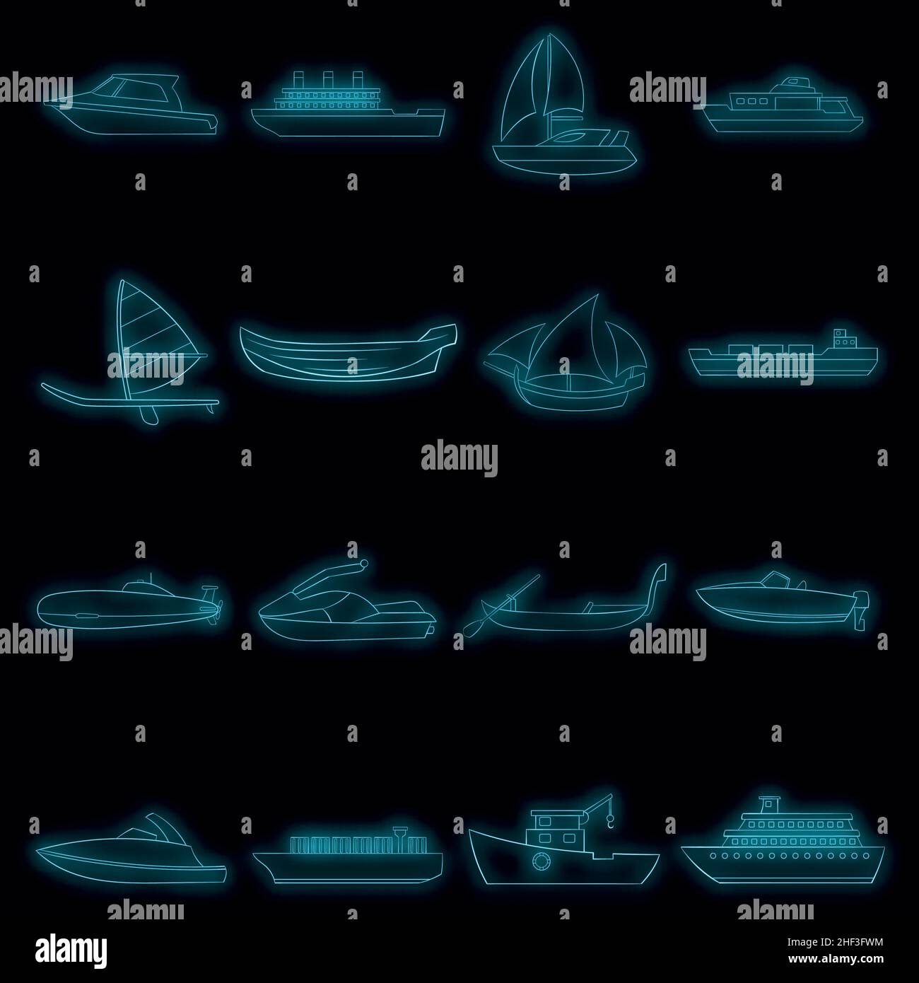 Ship and boat icons set in neon style. Marine and river vessels set ...