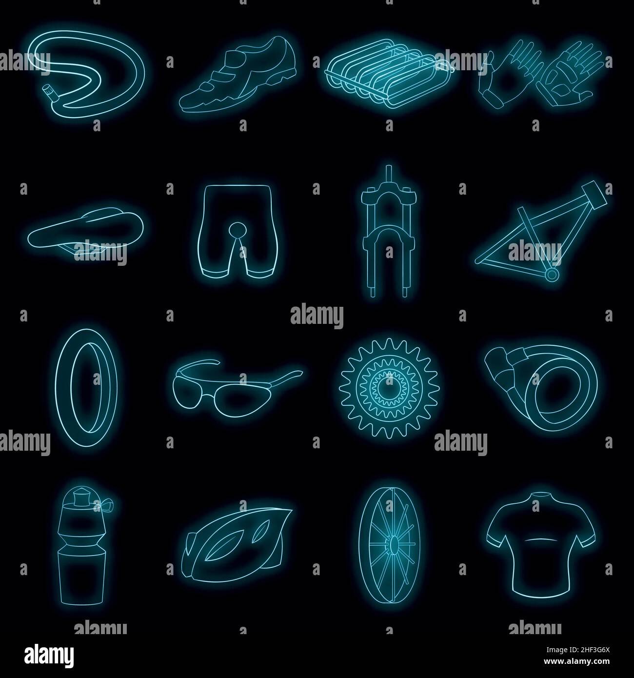 Bicycling icons set in neon style. Bike equipment set collection vector ...