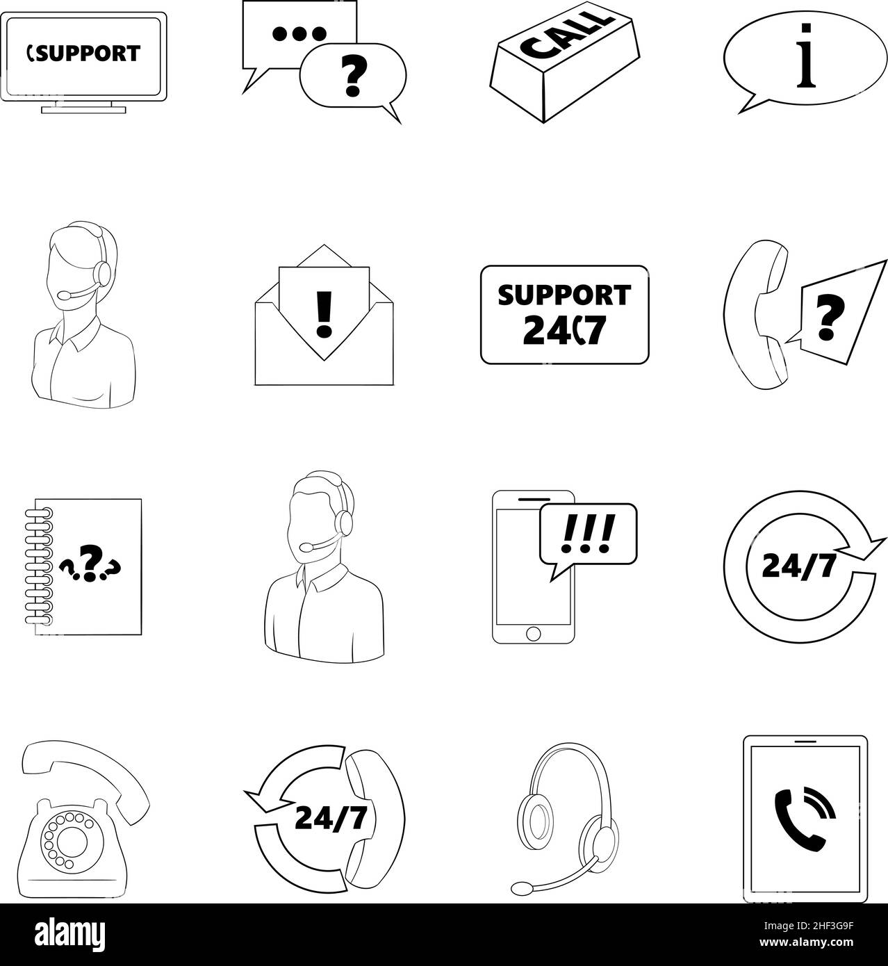 Call center set icons in outline style isolated on white background ...