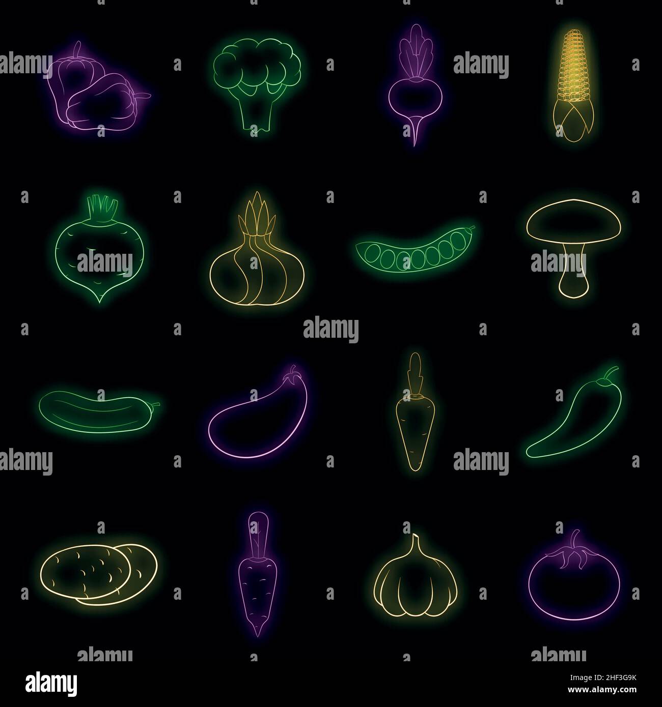 Vegetables icons set. Illustration of 16 vegetables vector icons neon ...