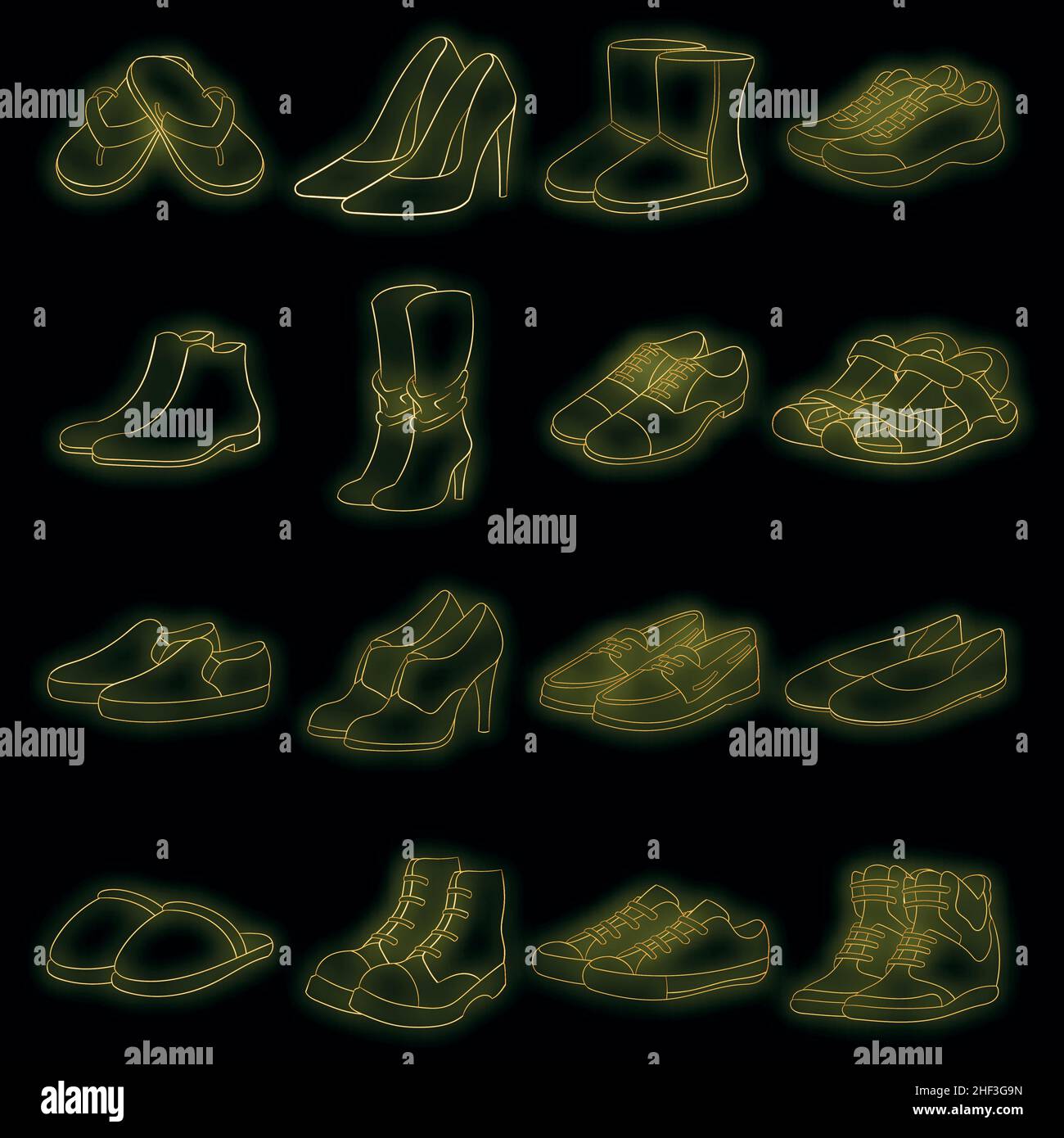 Shoe icons set in neon style. Men and women shoes set collection vector ...