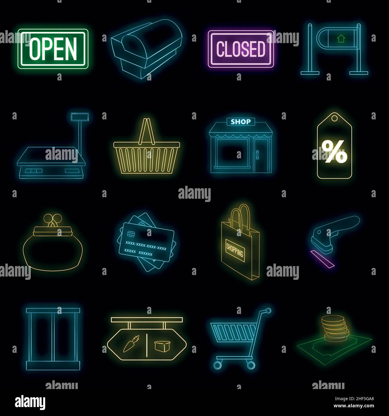 Retail icons set. Illustration of 16 retail vector icons neon color on ...