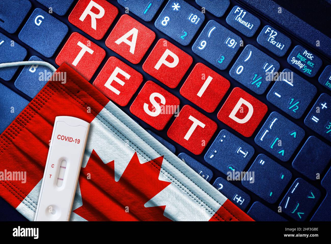 COVID-19 positive antigen rapid test kit on face mask with Canadian ...