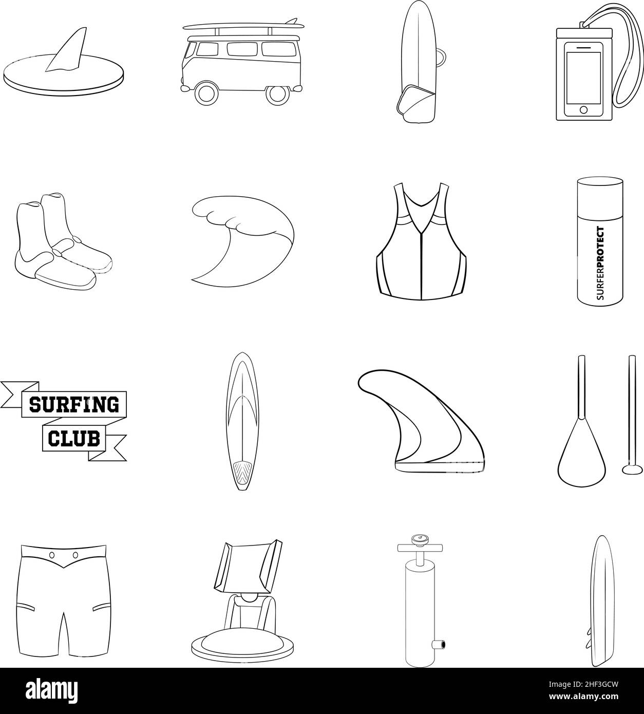 Surfing set icons in outline style isolated on white background Stock ...