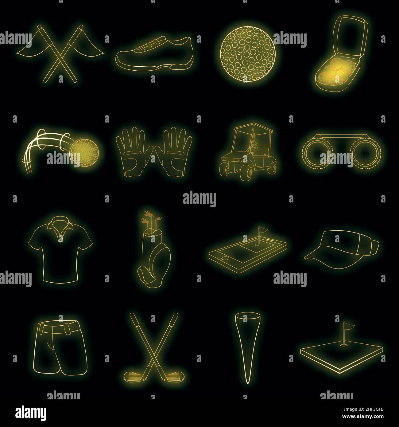 Golf icons set in neon style. Golf equipment set collection vector ...